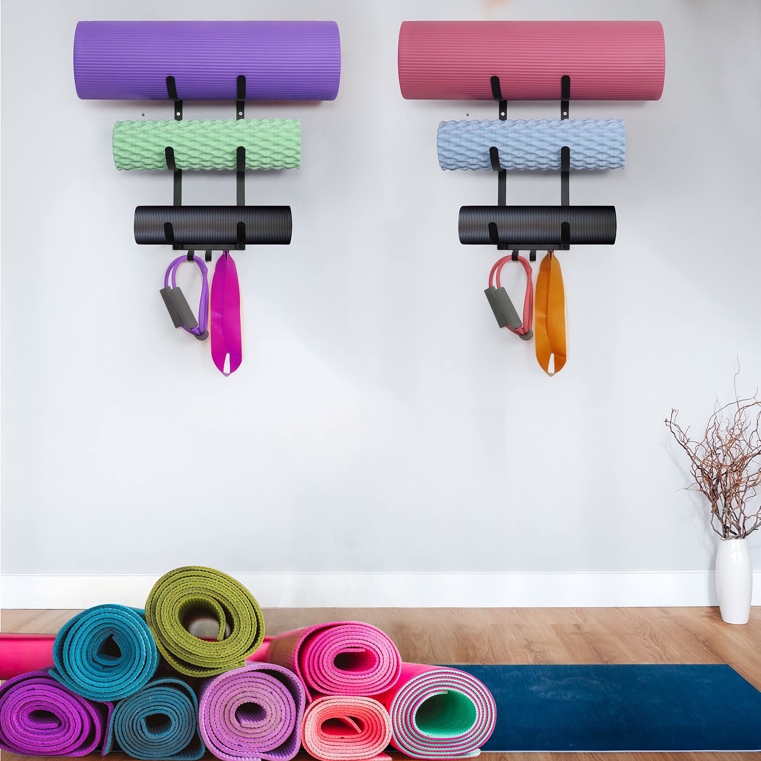 SKOLOO Wall Mount Yoga Mat Rack,Home Gym Accessories Storage Rack for Hanging Foam Rollers & Yoga Mat,3 hanger hooks for Resistance Bands or Towels,Black