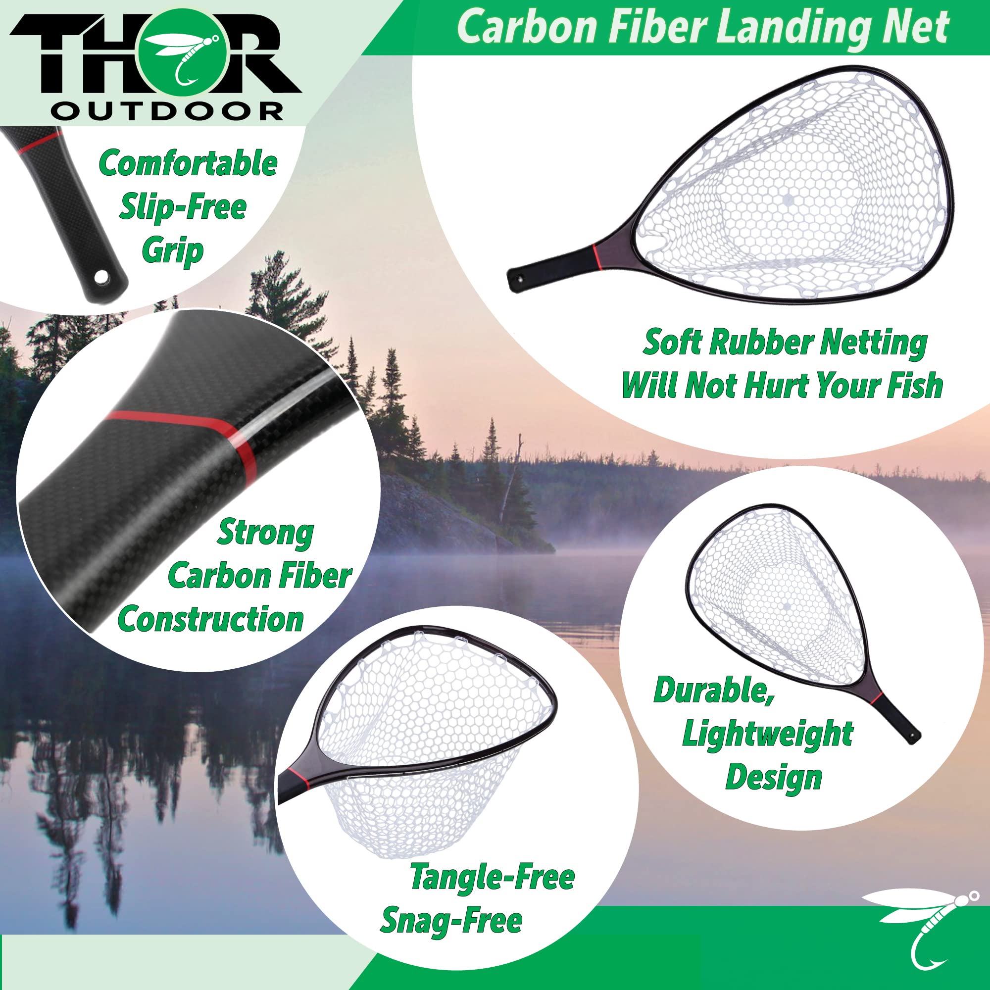 Thor Outdoor Carbon Fiber Fly Fishing Landing Net - Beautifully Made - Ultralight - Catch and Release Net with Soft Rubber Tangle Free Mesh (26 Inch)