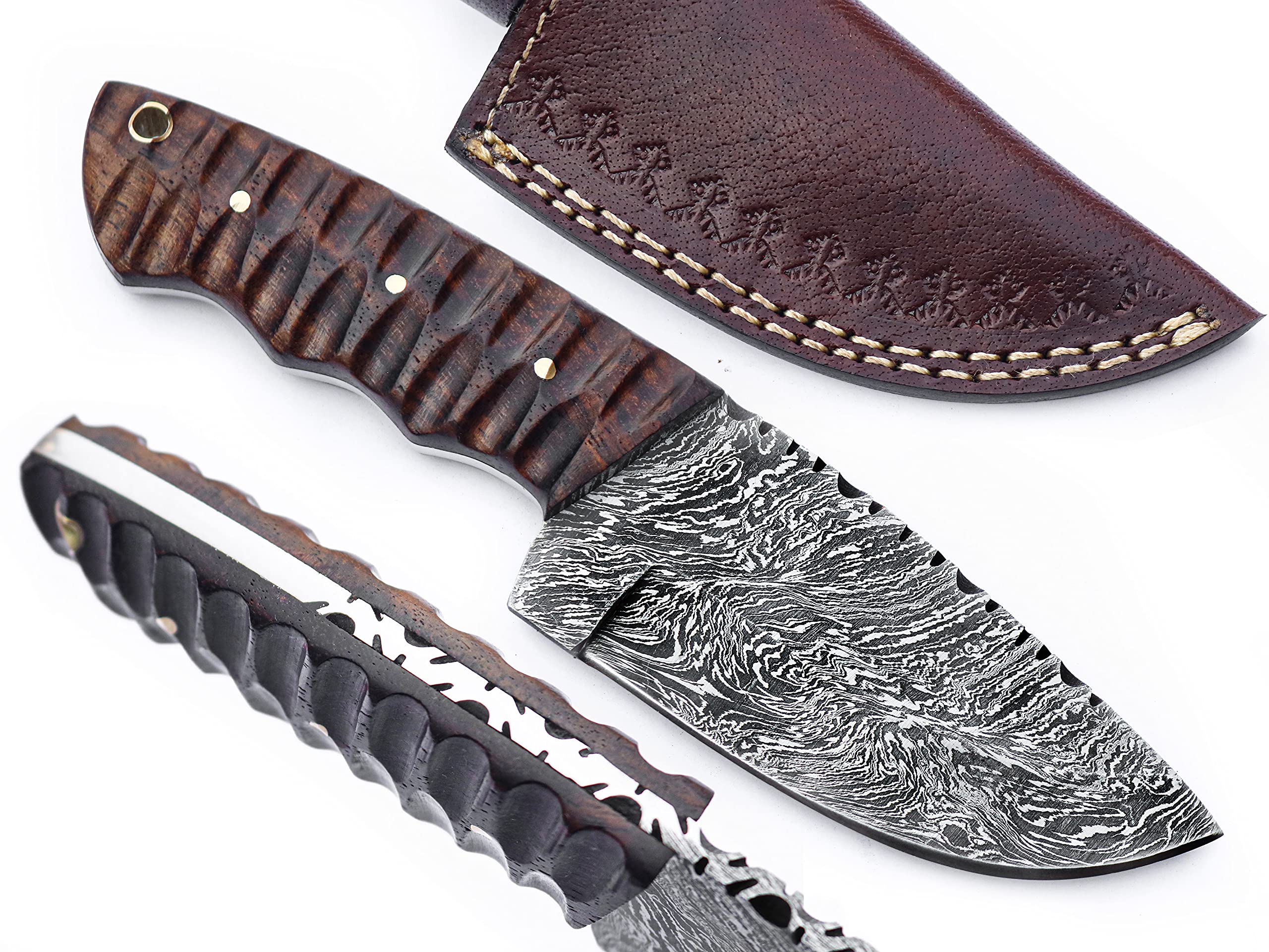 Sapra Custom Made Forged Damascus Steel Hunting Knife Fixed Blade EDC Survival Tactical Camping Skinner/Skinning Knife with Leather Sheath P-1943-RW
