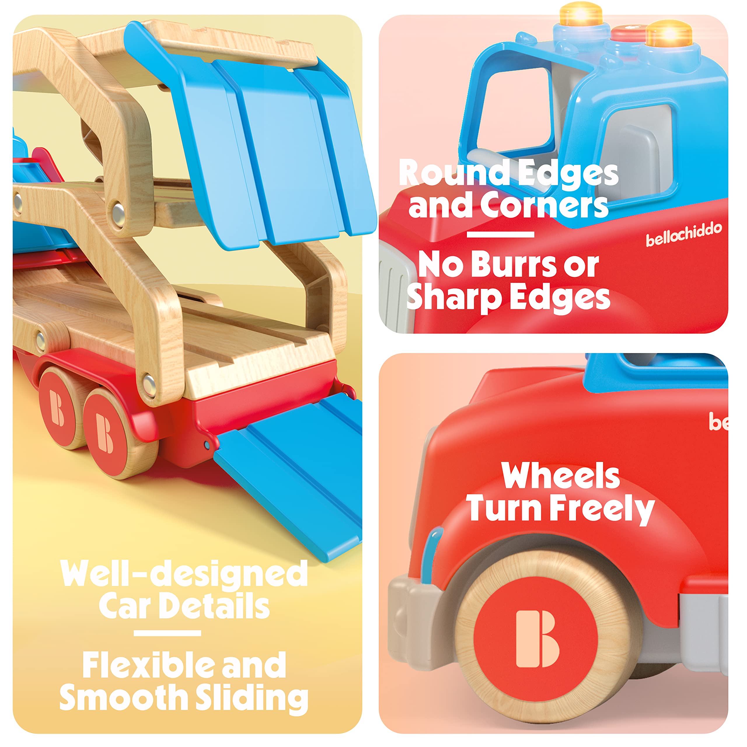 Transformable 3-Layer Wooden Car Carrier Truck Toy with Lights & Sounds - Car Toys for Kids