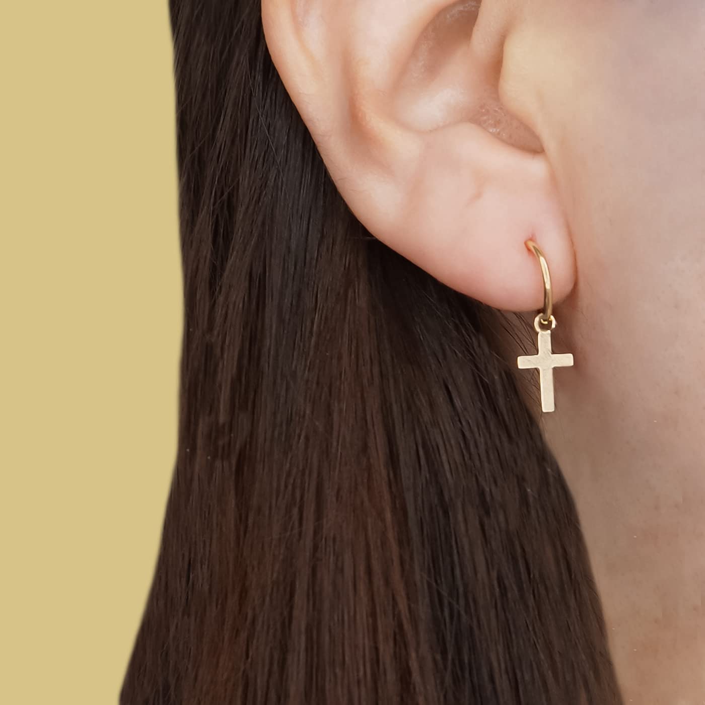 Solid 14K Gold Plain Cross Dangling On 14K Gold Endless Hoop Earring -1x10MM -Great for 1st Or Second Hole