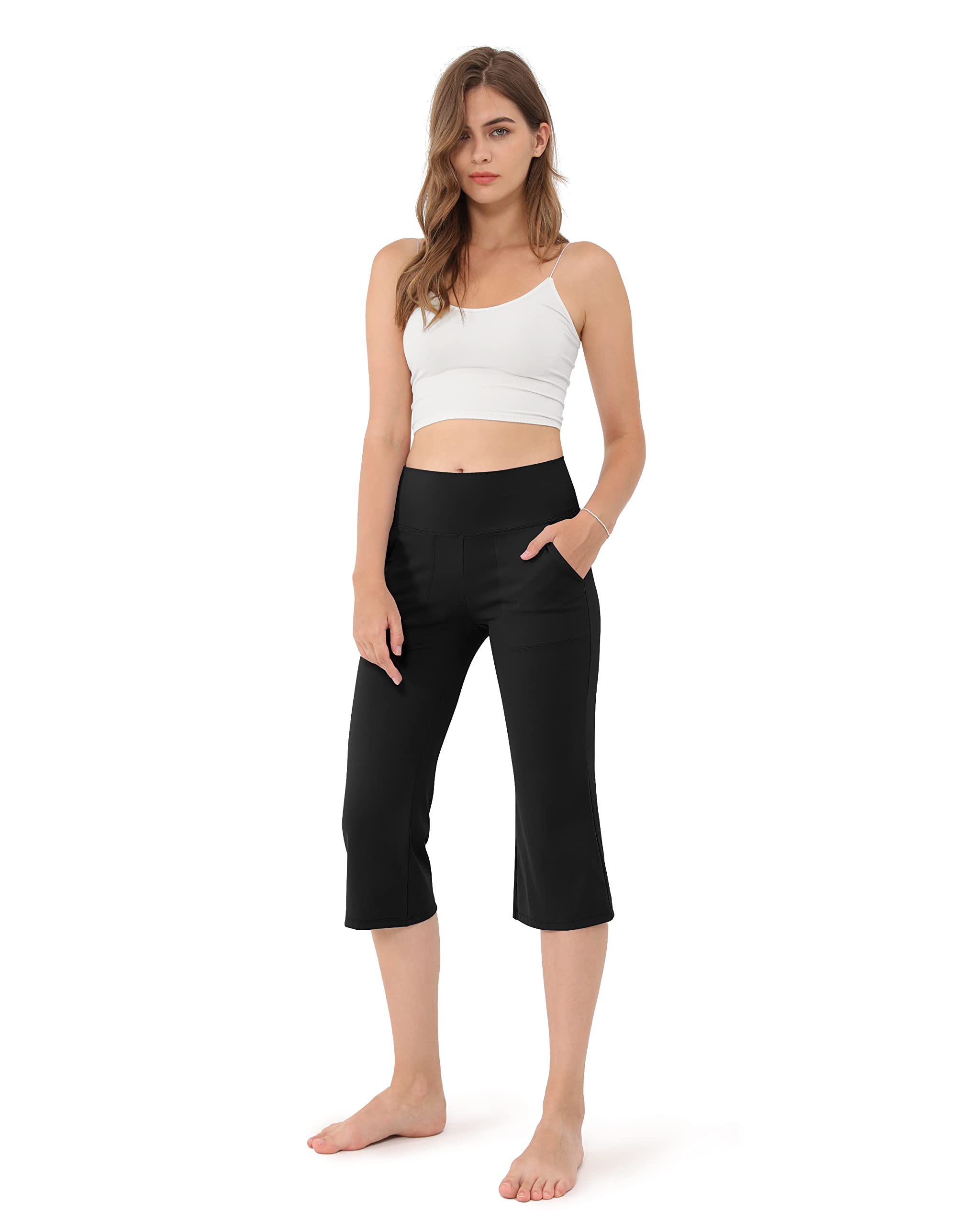 ODODOS Women's Bootleg Yoga Capris with Pockets High Waisted Bootcut Yoga Capris Tummy Control Work Capri Pants for Women, Black, XX-Large