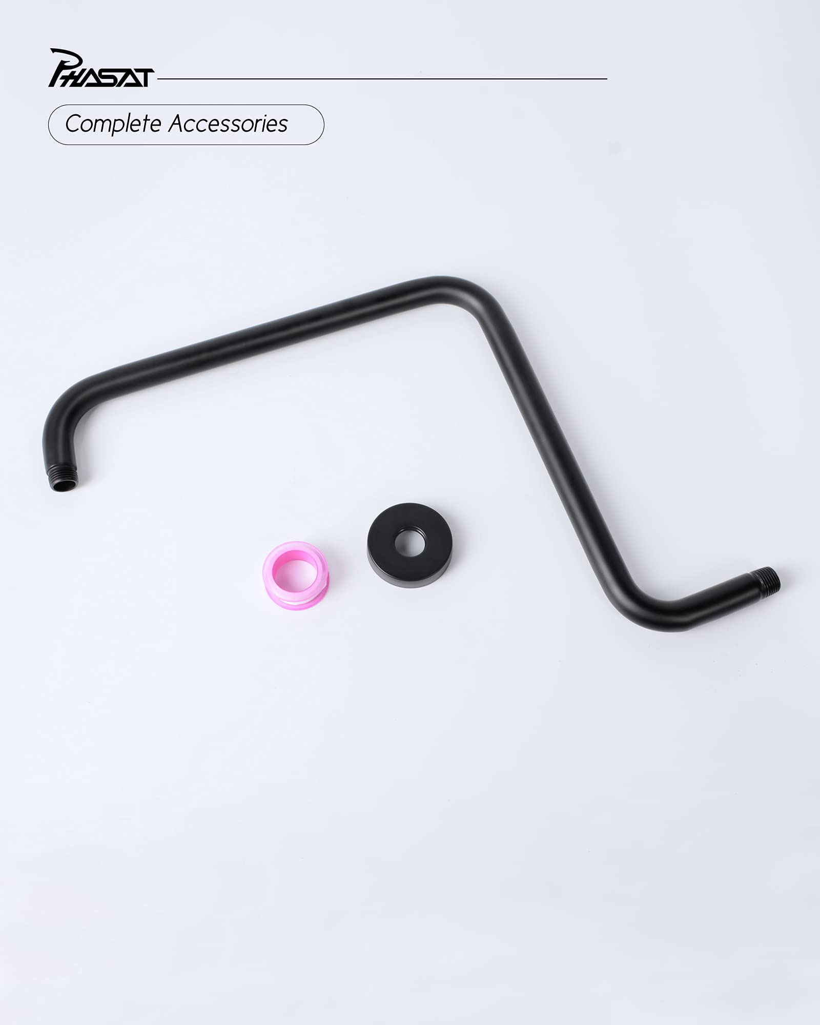 PHASAT 16 Inches Black Shower Head Arm,S Shaped Shower Arm with Flange,High Rise Shower Head Extension Arm,Shower Arm Extension Matte Black,PU9H02
