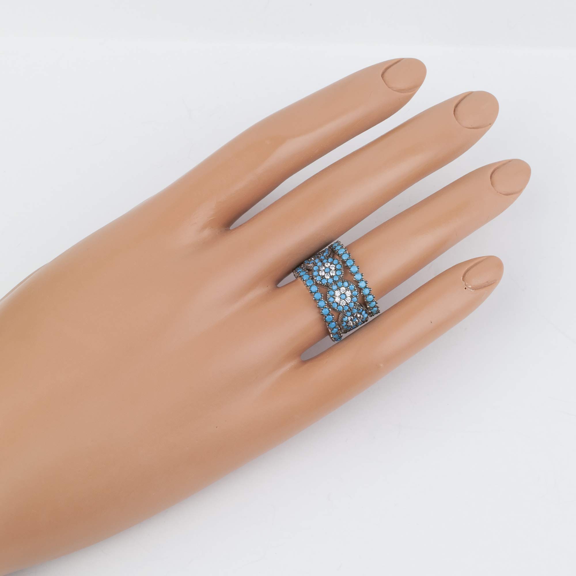 Ottoman Silver Collection CZ Full Eternity Trio Ring Set with Sterling Silver Turquoise Navy Blue Black and Cubic Zirconia Floral Design in Artisan Handcrafted (Turquoise, 9)