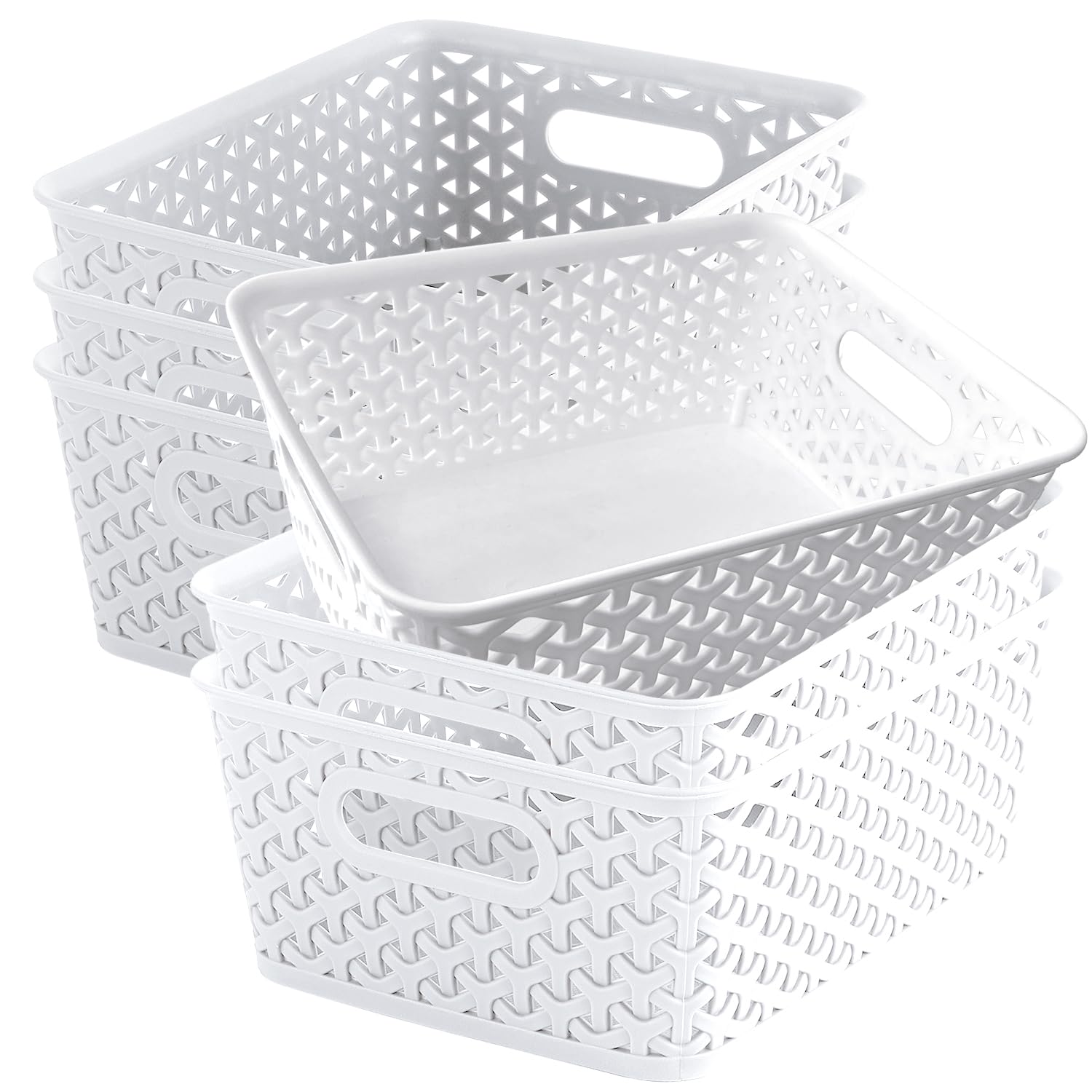 Rethink Your Room Set of 3 Large Plastic Open Storage Basket, 14 x 12 x 5 Inches, Durable Pantry and Kitchen Organization Bins for Organization, Desktops Countertops Bathroom Home, Bright White