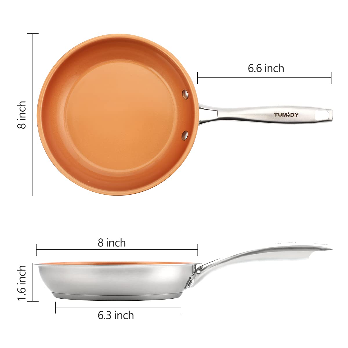 TUMIDY 8 Inch Frying Pan Nonstick Skillet with Ceramic Coating Oven Safe Stainless Steel Induction Fry Pan Include Silicone Spatula