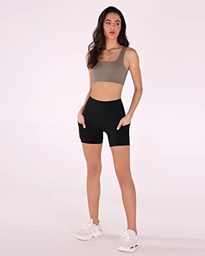 ODODOS Women's 4" High Waist Biker Shorts with Pockets, Tummy Control Non See Through Workout Sports Athletic Running Yoga Shorts, Black, Medium
