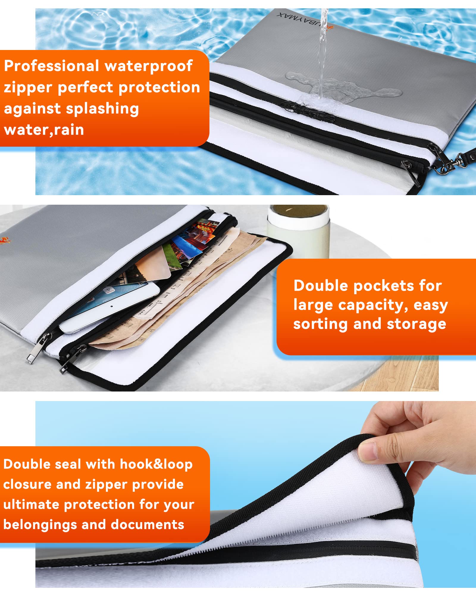 Two Pockets Fireproof Document Bag(13.5'' x 9.5''), Waterproof Folder Money Bag, Fireproof Safe Storage Pouch with Zipper for A4 Size Document Holder, File, Cash, Tablet, Passport and Valuables