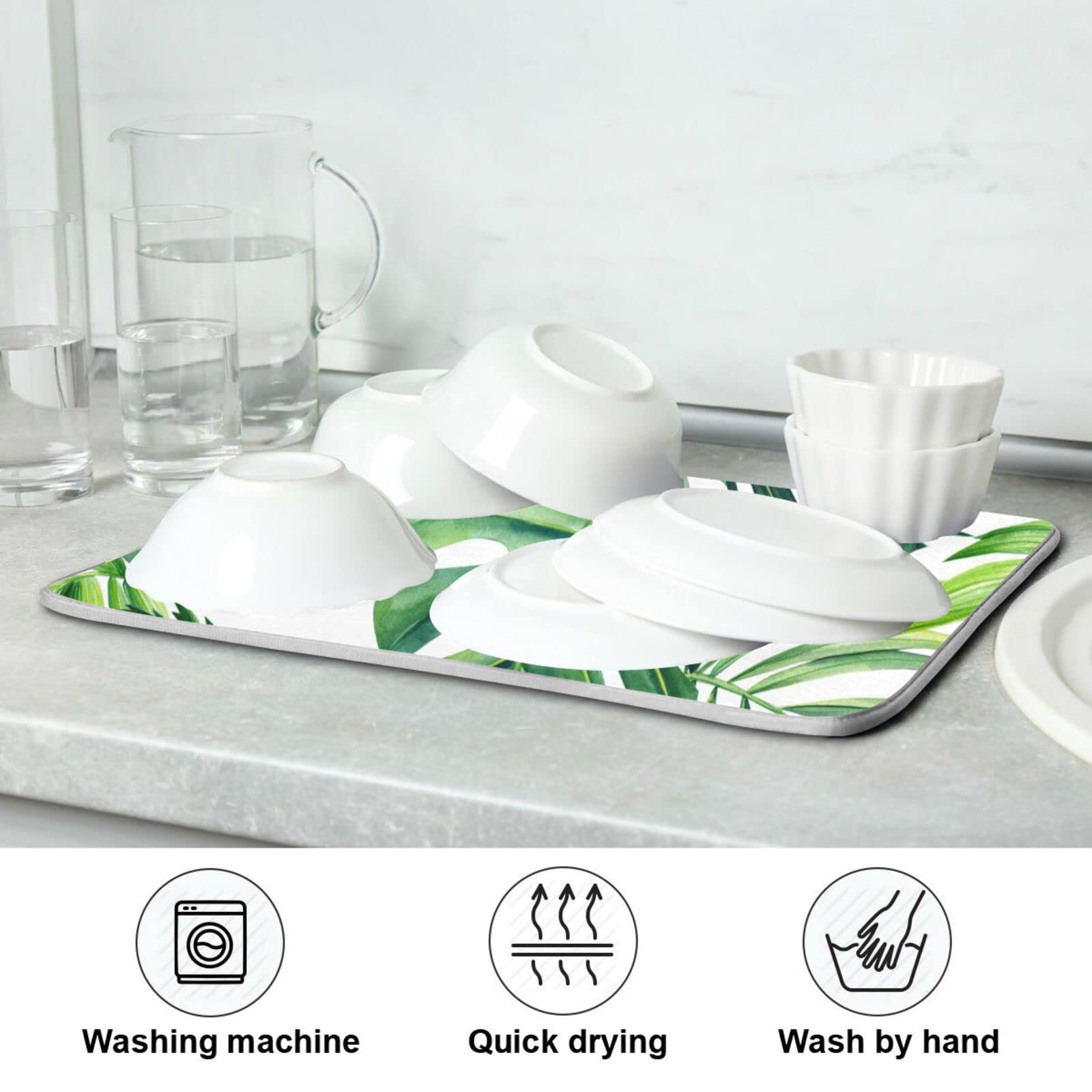 Tropical Palm Leaves Dish Drying Mat for Kitchen Counter Green Monstera Leaf Absorbent Microfiber Drying Pad, Medium 16x18 in, Reversible Drainer Mats