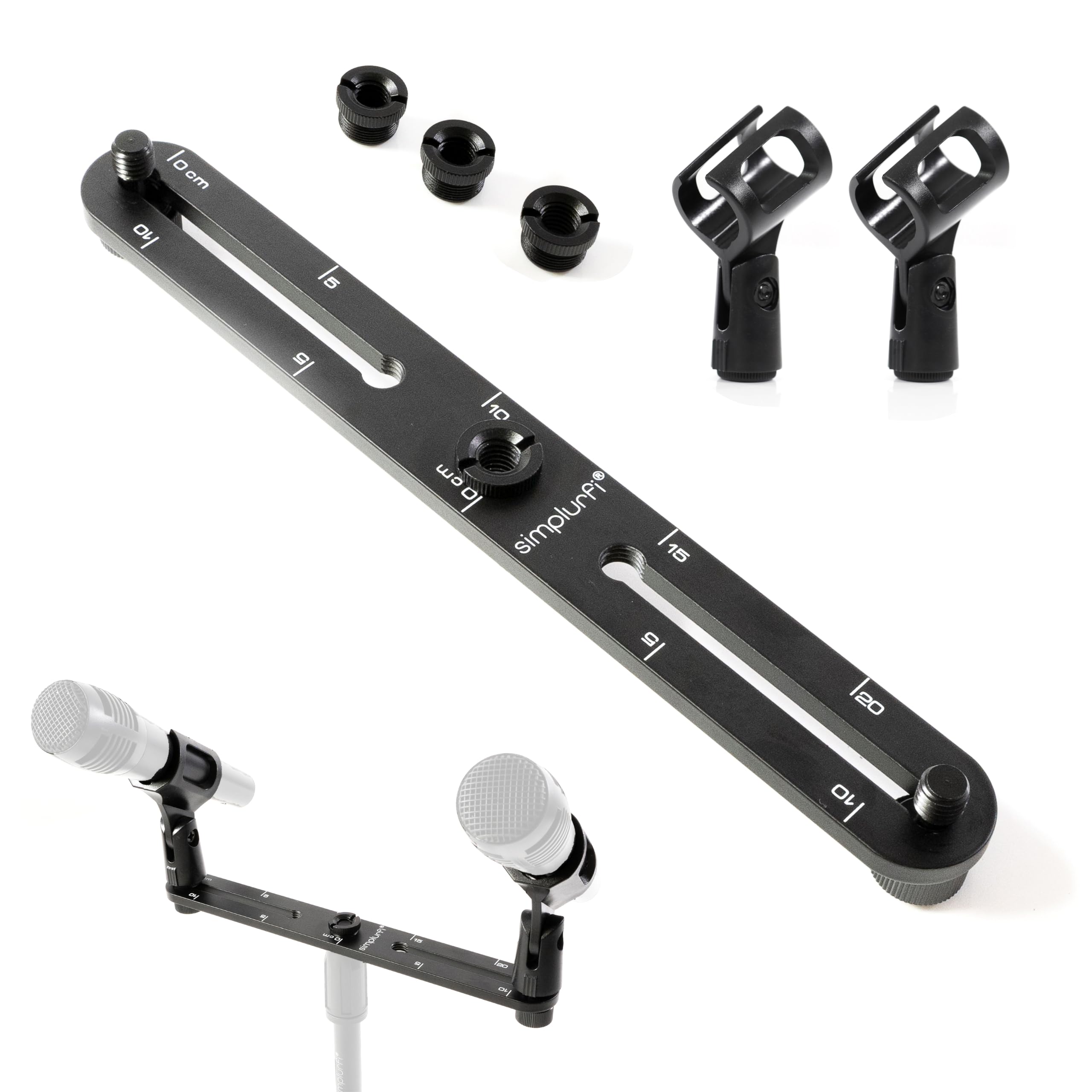 Simplurfi Microphone Bar - Fits 3/8" Mic Stand or 5/8" 1/4" with adaptors, Adjustable Length 2.81-9.87", Dual Mic Holder - With 2 Microphone Clips