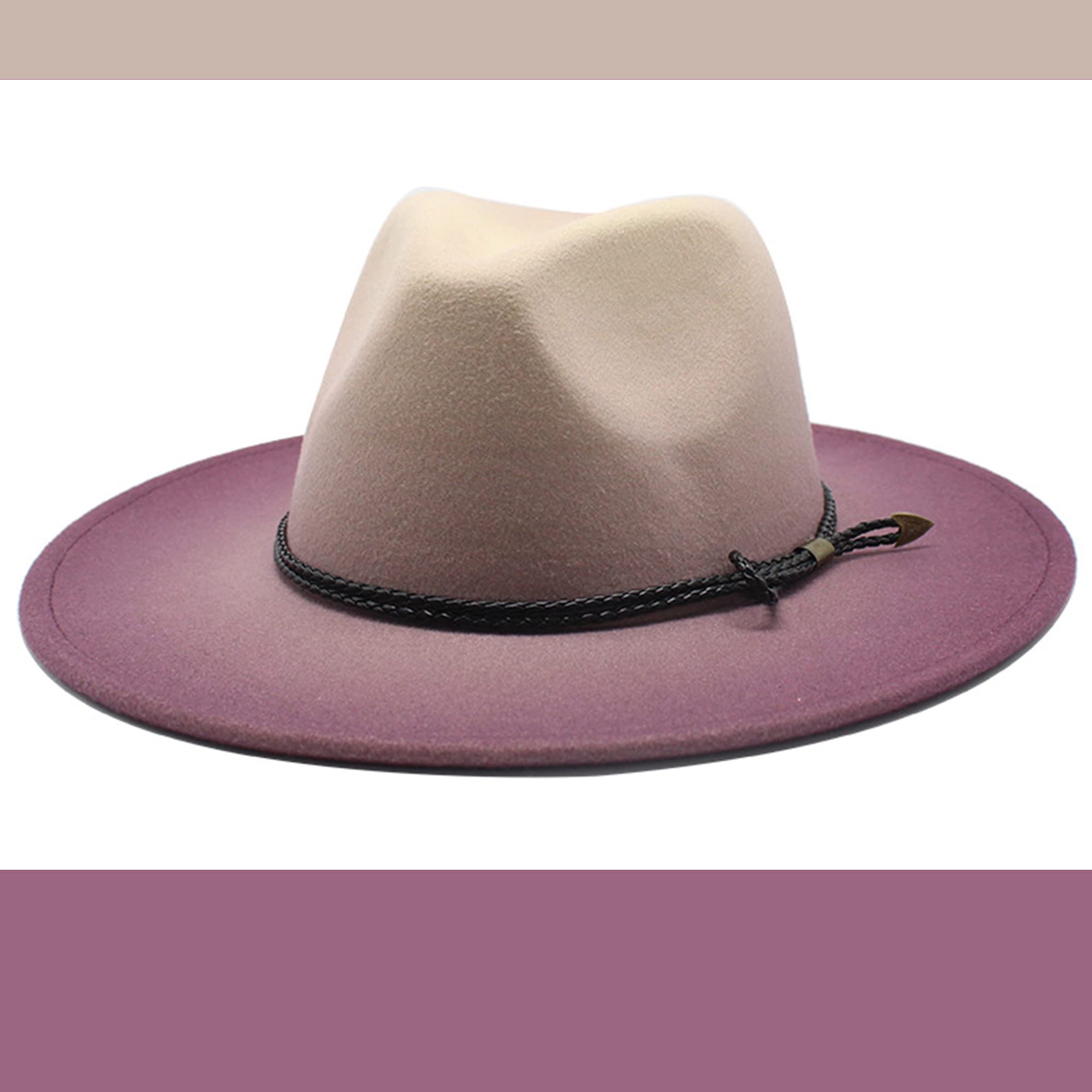 Two-Tone Gradient Fedora Hat for Women British Felt Panama Hats Ladies Tie-Dye Wide Brim Top Hat (Medium (Adjustable 22-27 Inches), Lavender Gradient(Detachable Decorative Black Belt)