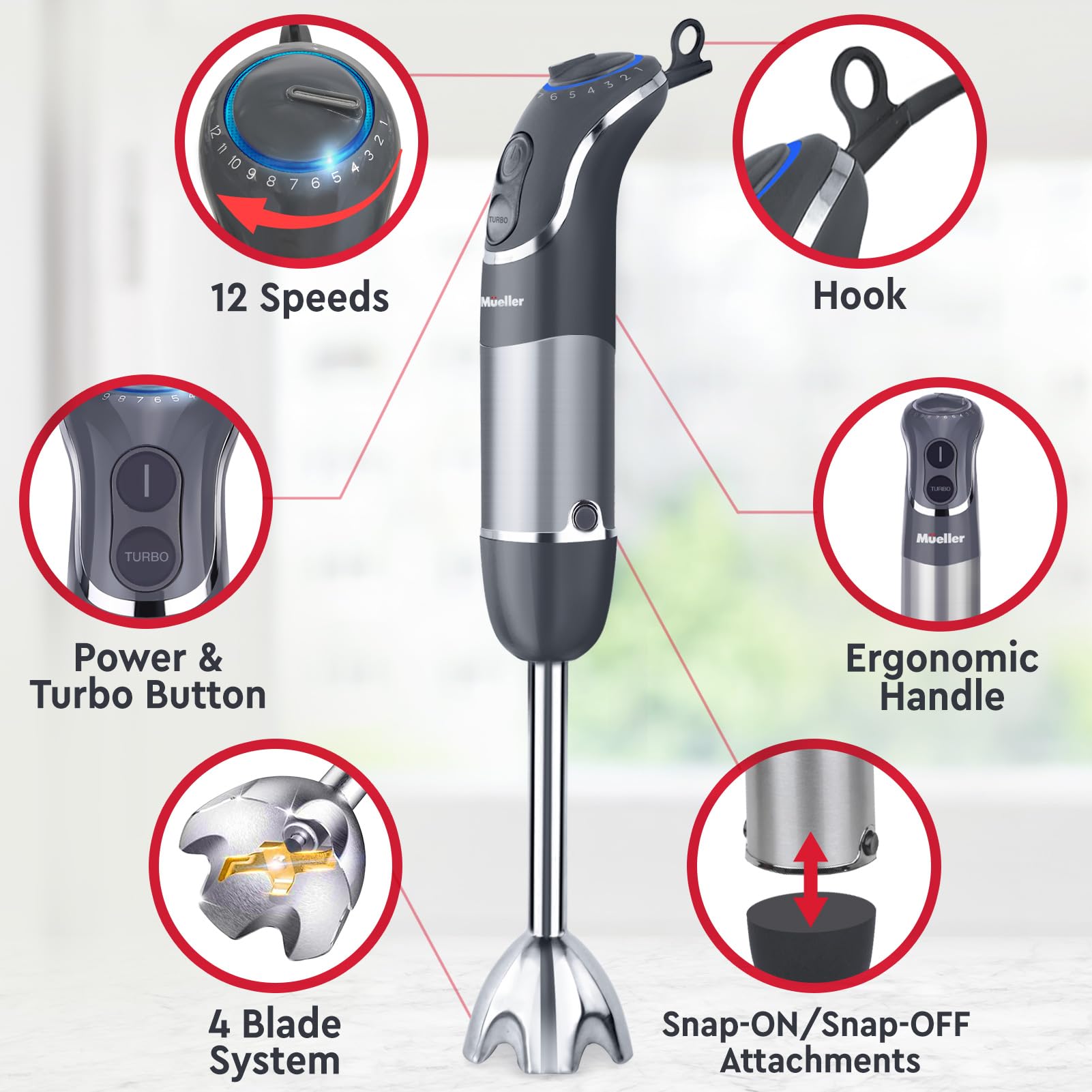Mueller Pro Series Hand Blender, 500W Immersion Blender, Heavy-Duty Titanium Steel Blades, Stepless Speed Control, Detachable Shaft, Ergonomic Handle, White