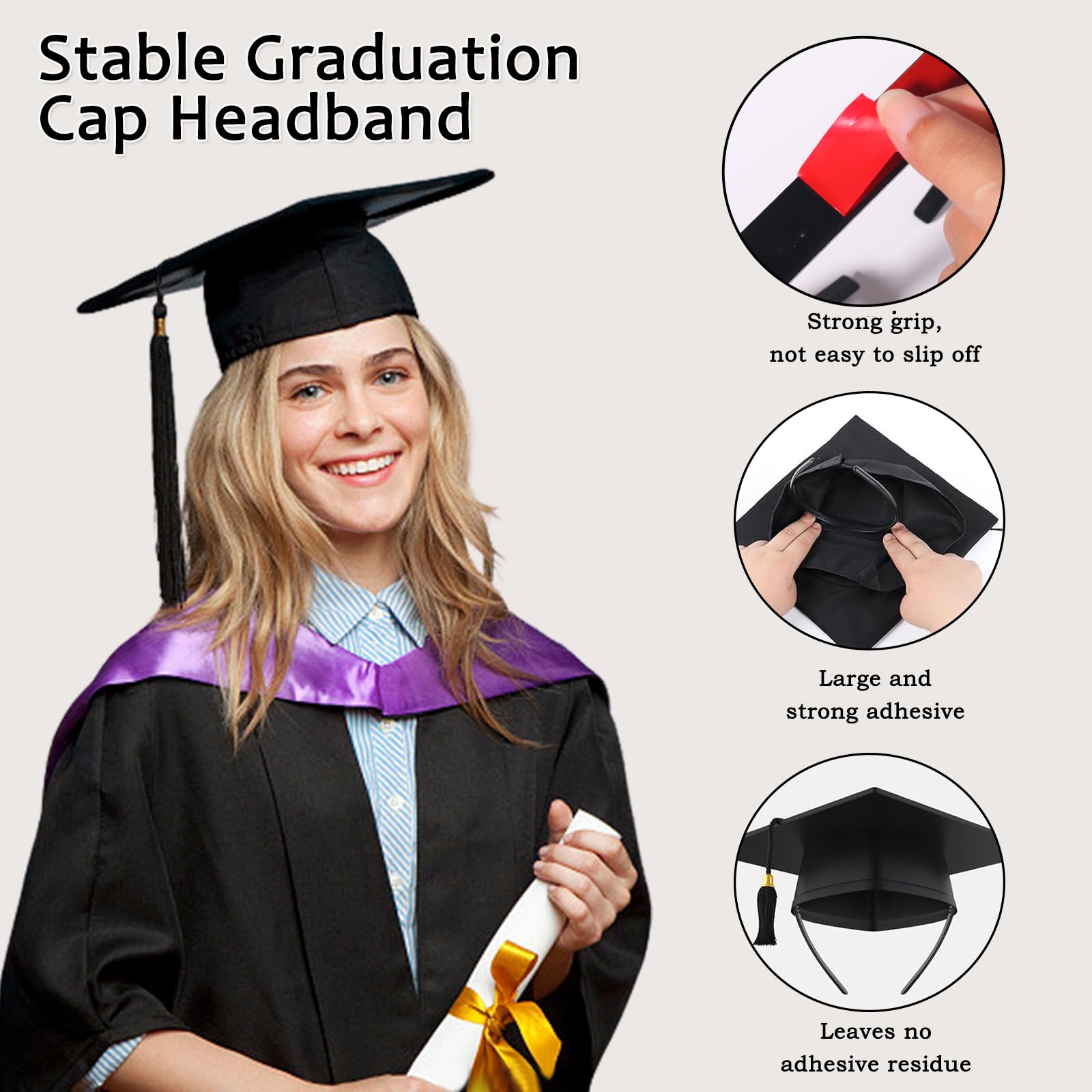 TIMMOKO Graduation Cap Headband Insert - Secure Fit and Hair-Friendly Cap Upgrade in Black