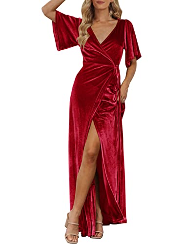 MEROKEETY Women's Velvet Maxi Dress 2024 Boho Wrap Cocktail Party Wedding Guest Formal Dresses, Red, Large