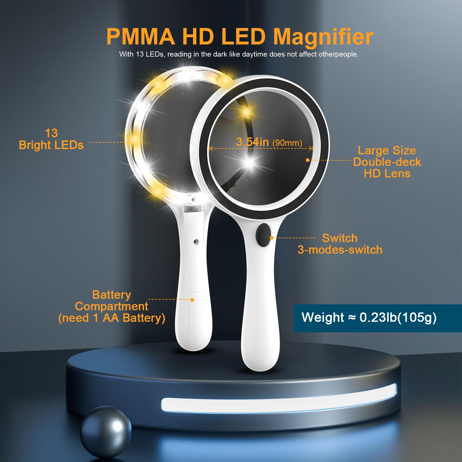 PMMA Lens Magnifier with Light 0.23lb Light weigth 5X 10X Handheld Large Magnifying Glass with 3 Modes Lighting 13 LED Lamp Beads