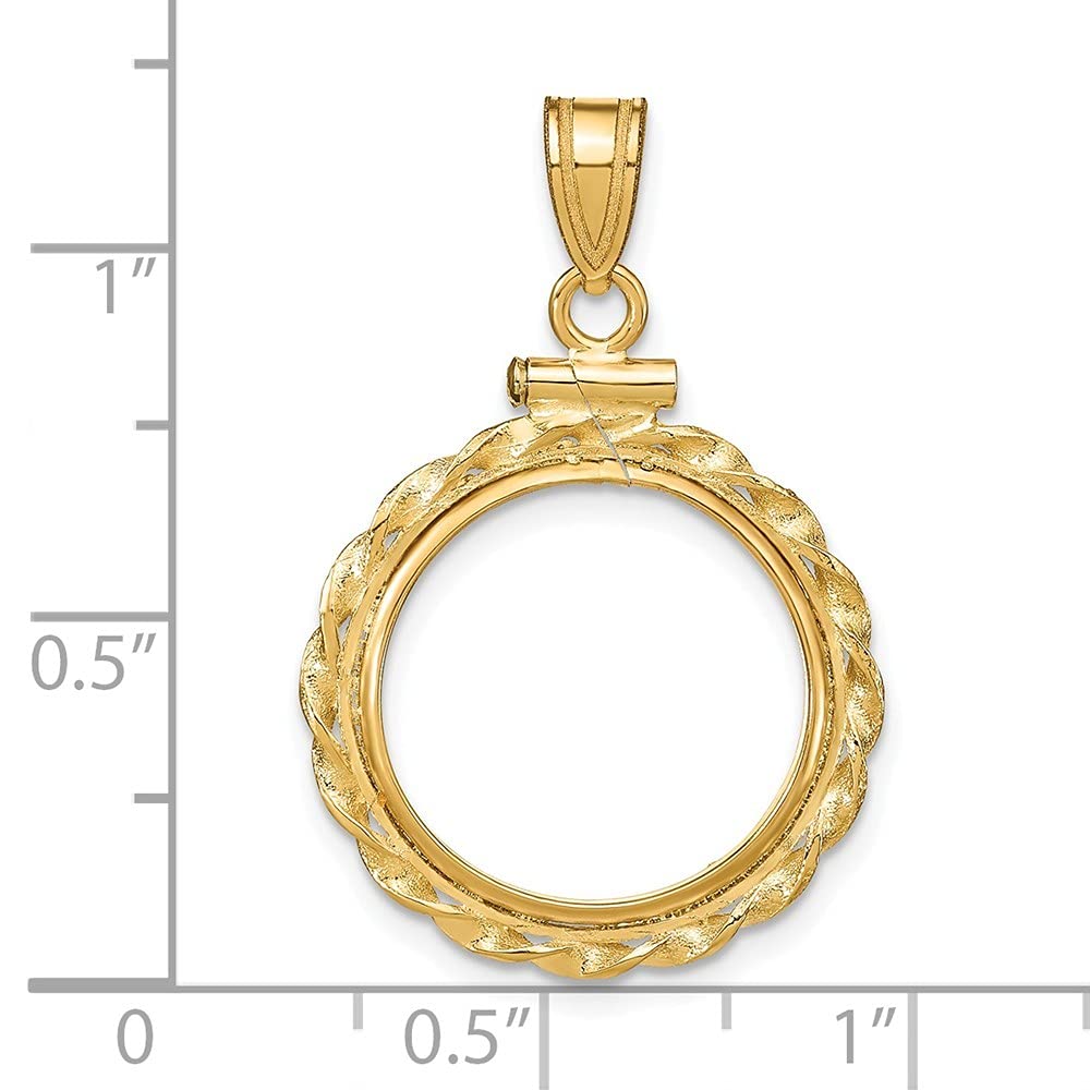 Roy Rose Jewelry Gold Coin Bezel Mounting | 1/10 oz. American Eagle Coin | 16.5mm Coins | Screw Top | Twisted Ribbon, Beaded, Rope Border Fancy Bezel Frames | Solid 14K Gold