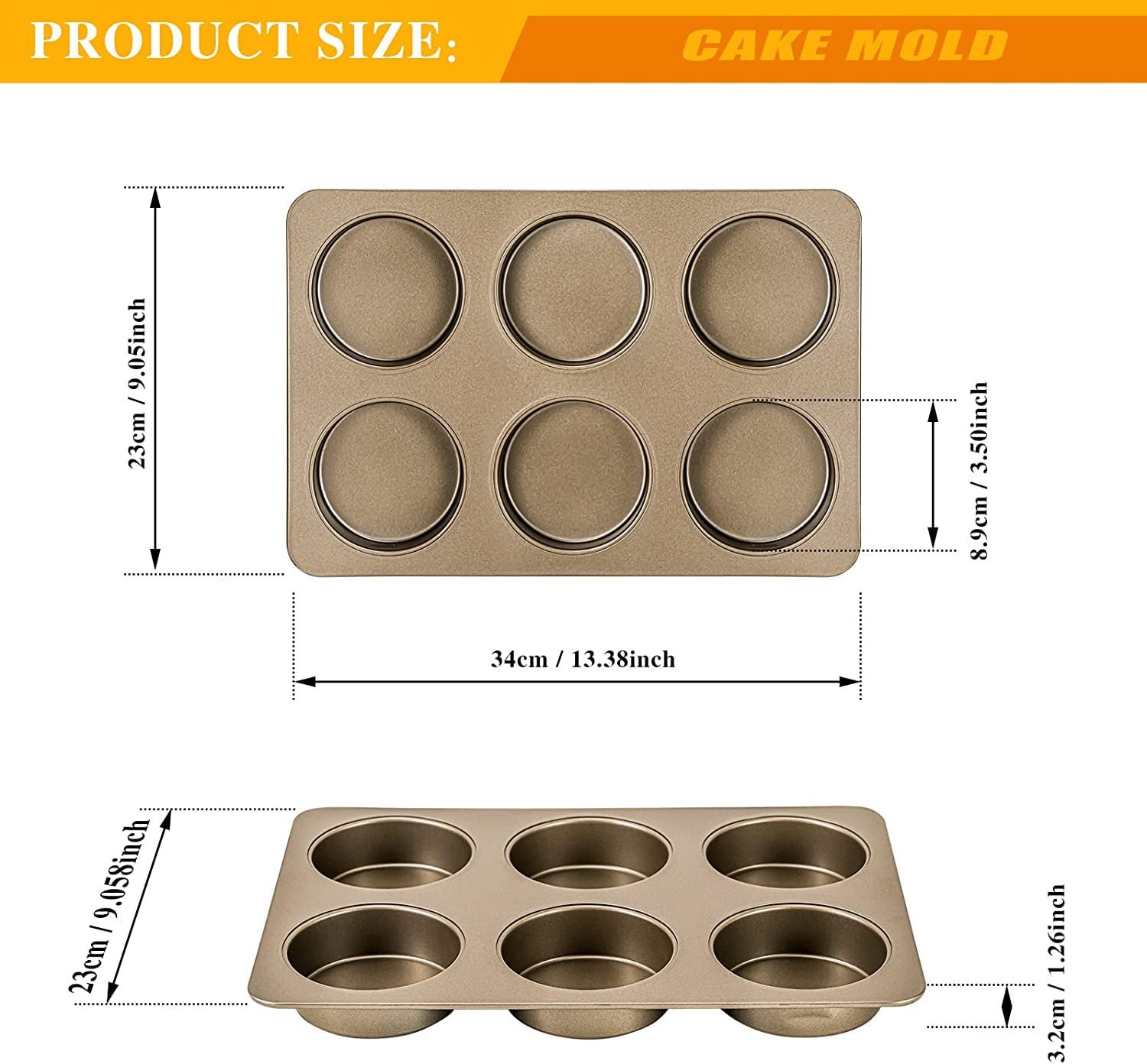 Muffin Top Pan, Hamburger Bun Pan, 6 Cavities Baking Tray,3.5 inches, for Baking Hamburgers, Cakes, Muffins and Poached Eggs Gold