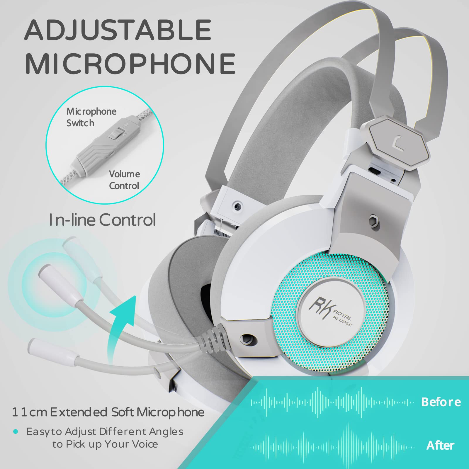 RK ROYAL KLUDGE PS4 Gaming Headset with Microphone, RK E9000 Xbox Headset PS5 Headphone with Mic Noise Cancelling RGB Lights 7.1 Surround Sound for PS4 PS5 Xbox One Nintendo Switch PC, White
