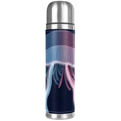 Stainless Steel Leather Vacuum Insulated Mug Jellyfish Thermos Water Bottle for Hot and Cold Drinks Kids Adults 16 Oz