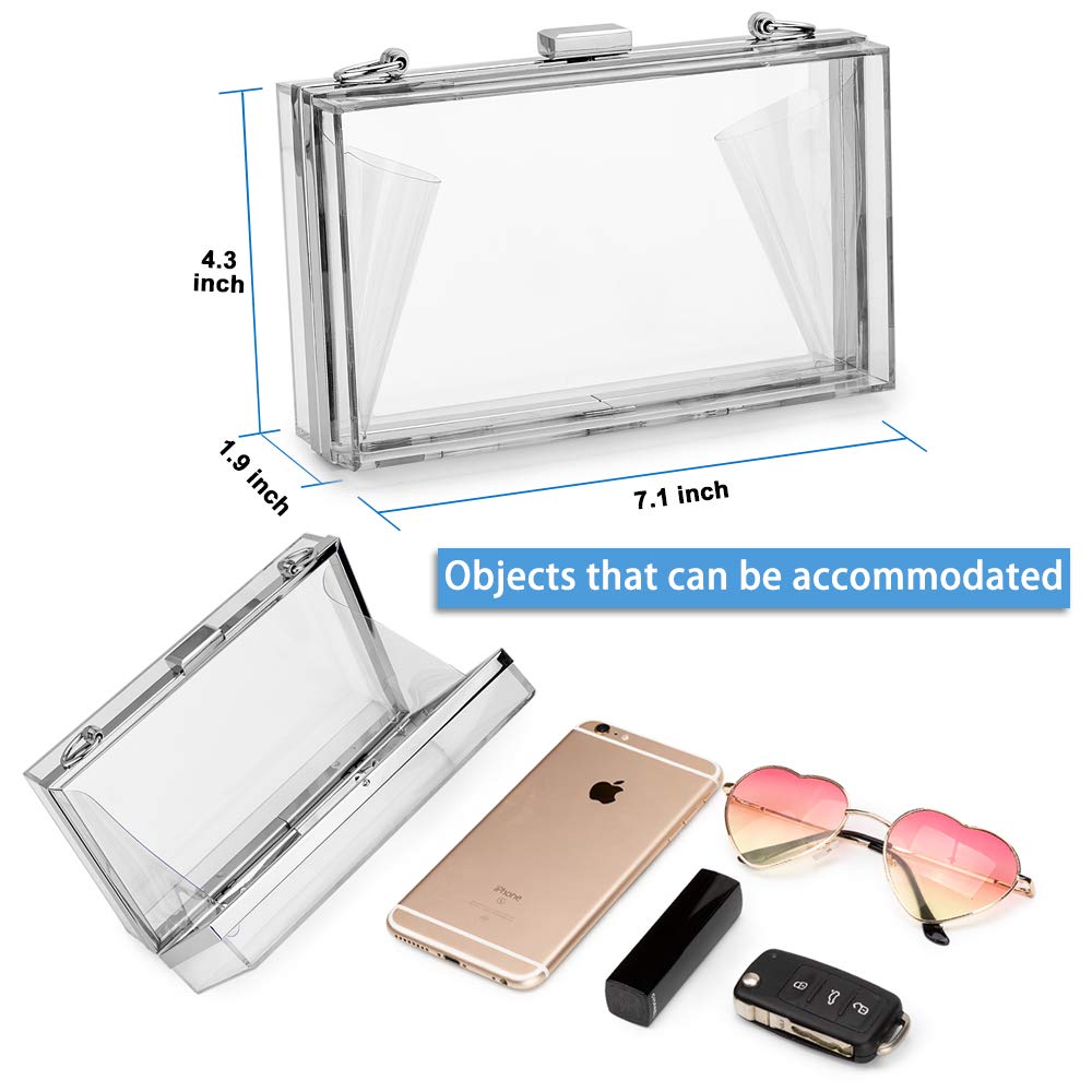 MoLongChe Acrylic Clear Purse For Women, Crossbody Shoulder Handbag Evening Clutch Bag Chain Strap - Silver