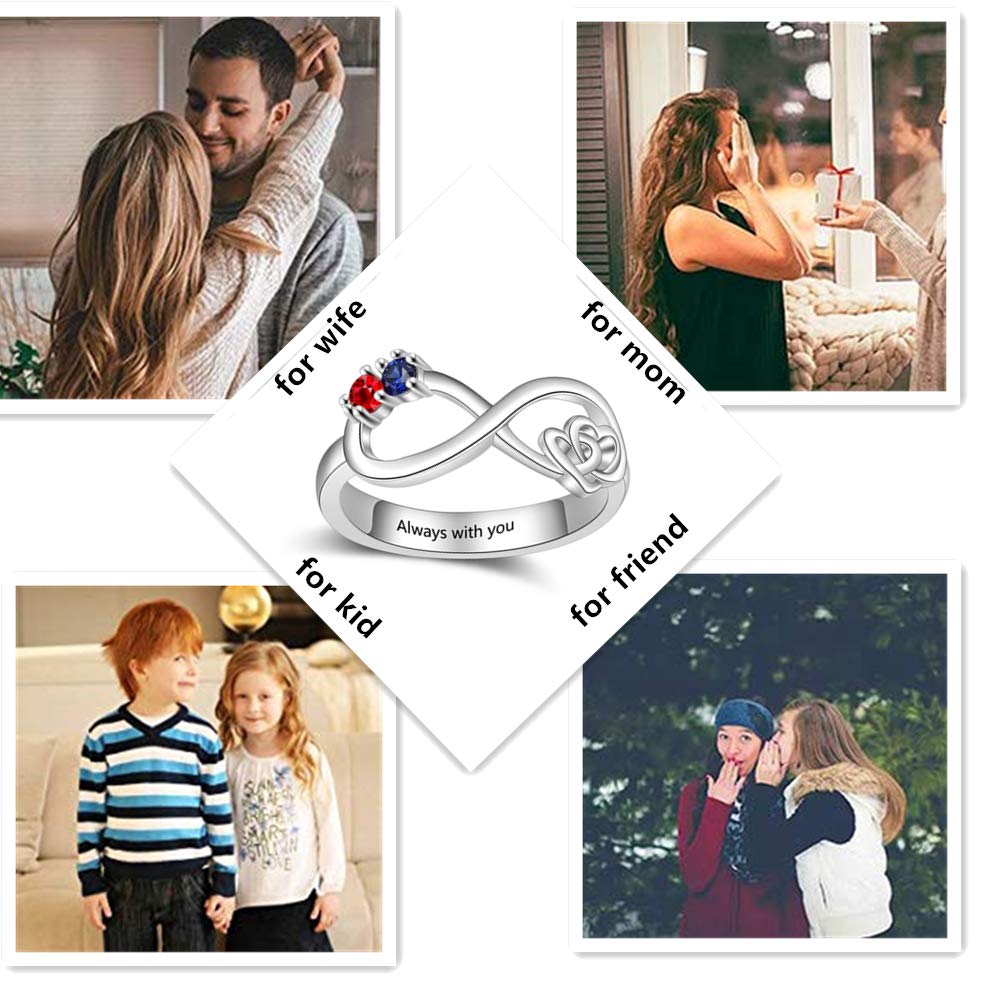 Molywoo Personalized Infinity Symbol Rings Double Hearts Best Friend Promise Rings with 2 Round Shape Simulated Birthstones Engraved Name Rings for Women Love Forever (6)