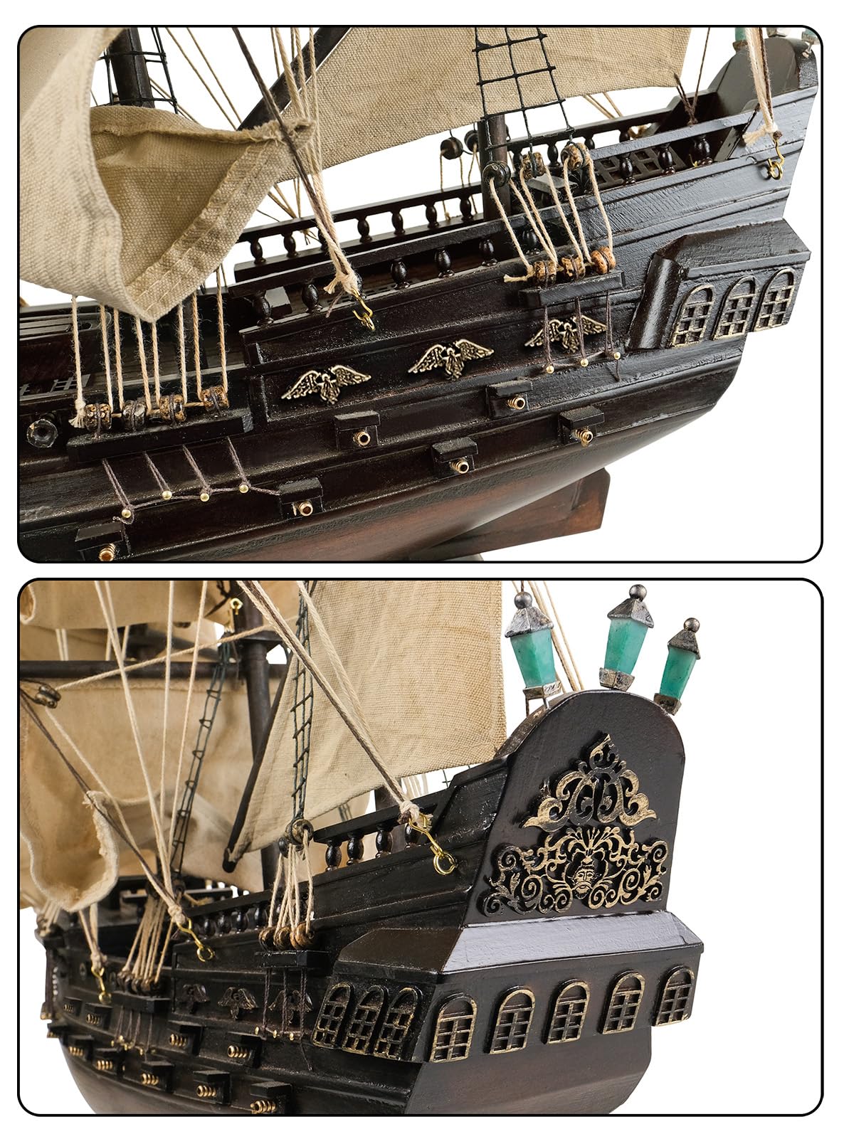 SAILINGSTORY Wooden Pirate Ship Model Black Pearl Model Ship Sailboat Decor Beige Sails 27"