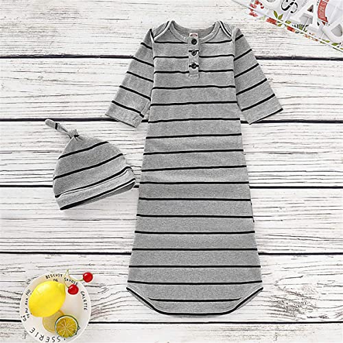 Newborn Baby Cotton Striped Gown Swaddle Wrap Knotted Sleepwear Sleeping Bags + Warm Headband (Grey, 0-6M)