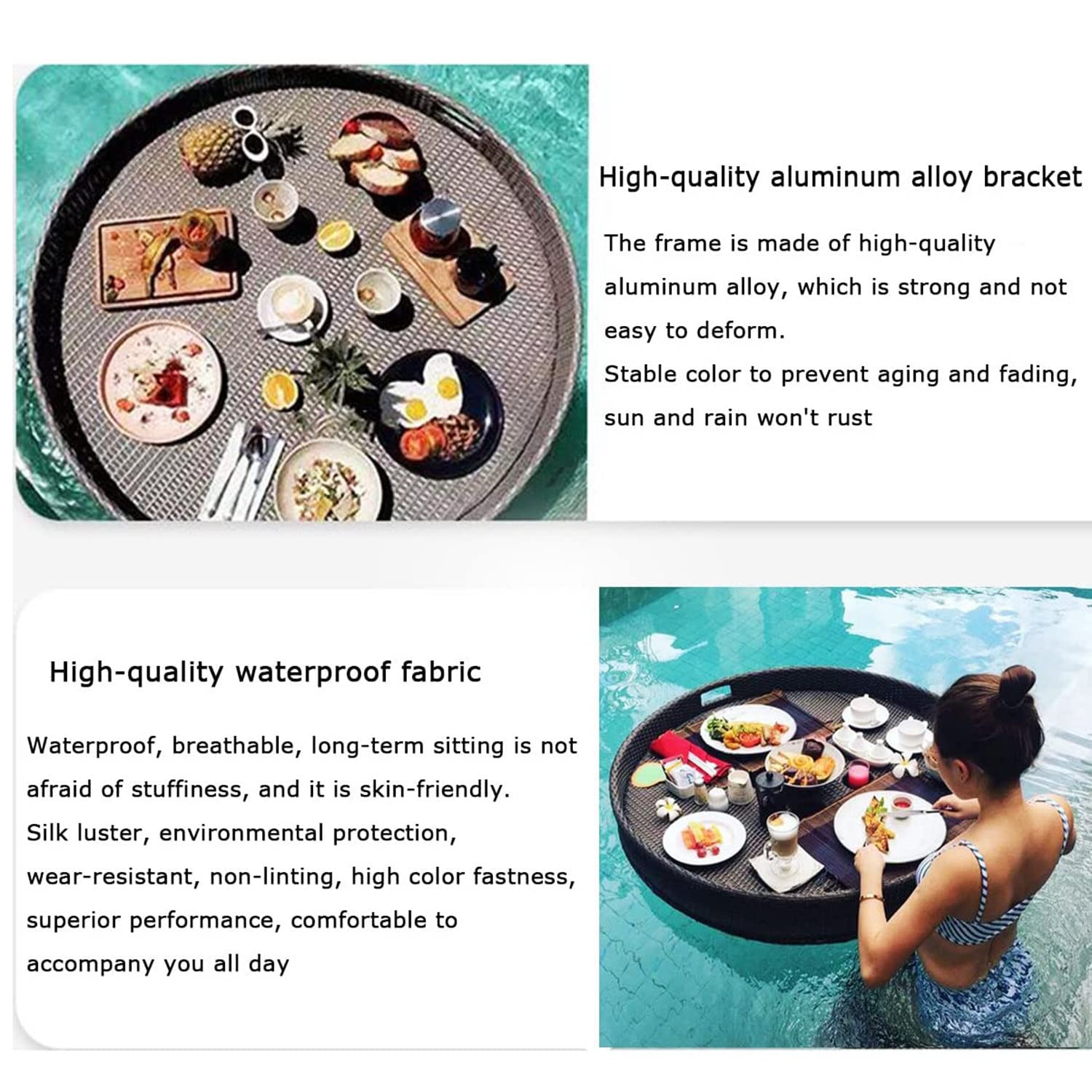 Rattan Woven Serving Tray Food Tray with Handles Luxury Floating Serving Tray Table Swimming Pool Floating Tray for Pool Serving for Wedding Photography Photo Shoot,White-80CM