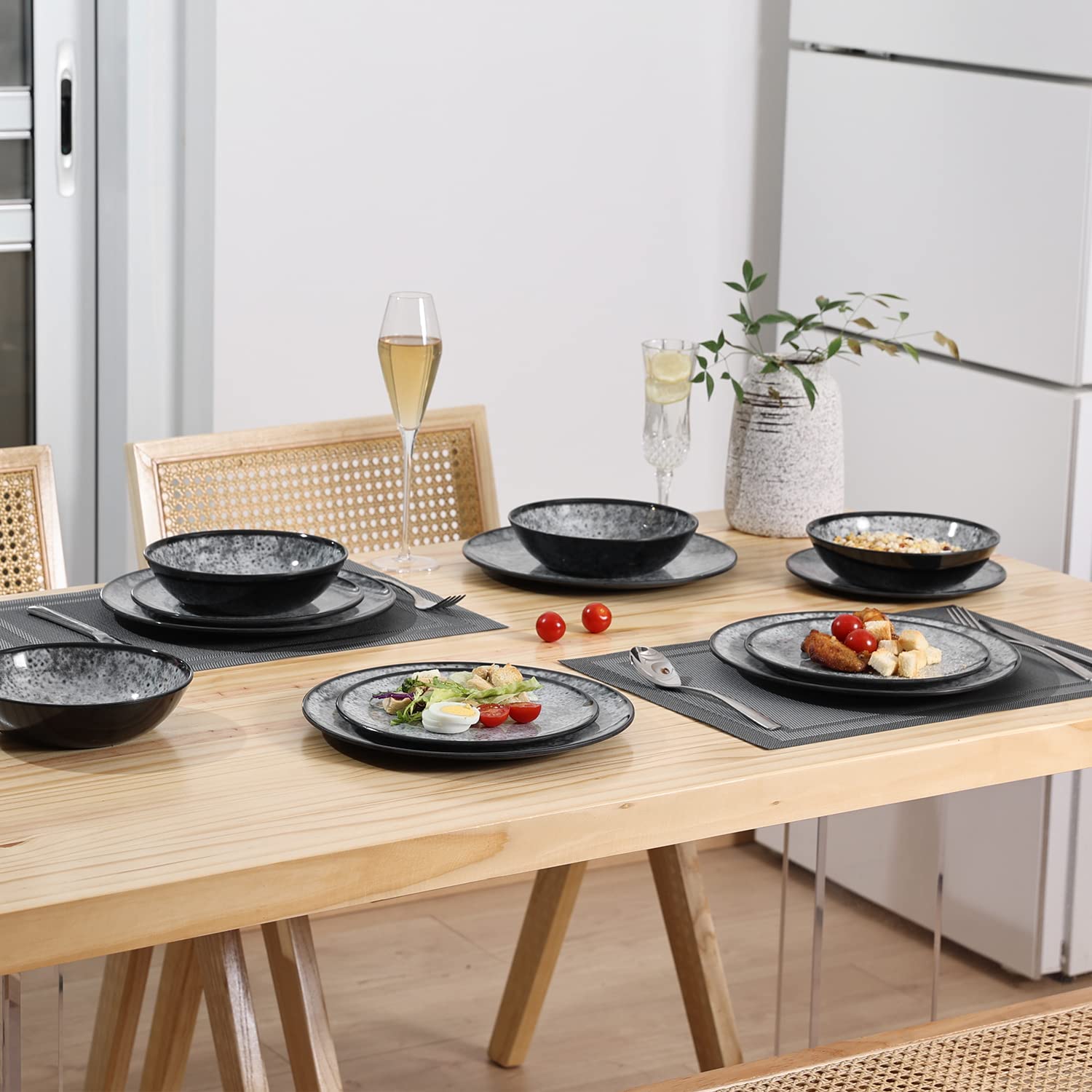 Melamine Dinnerware Set of 12 Pcs-Melamine Plates and Bowls Set for Indoor and Outdoor Use, BPA Free Dishwasher Safe, Lightweight Unbreakable(Glazed Grey)