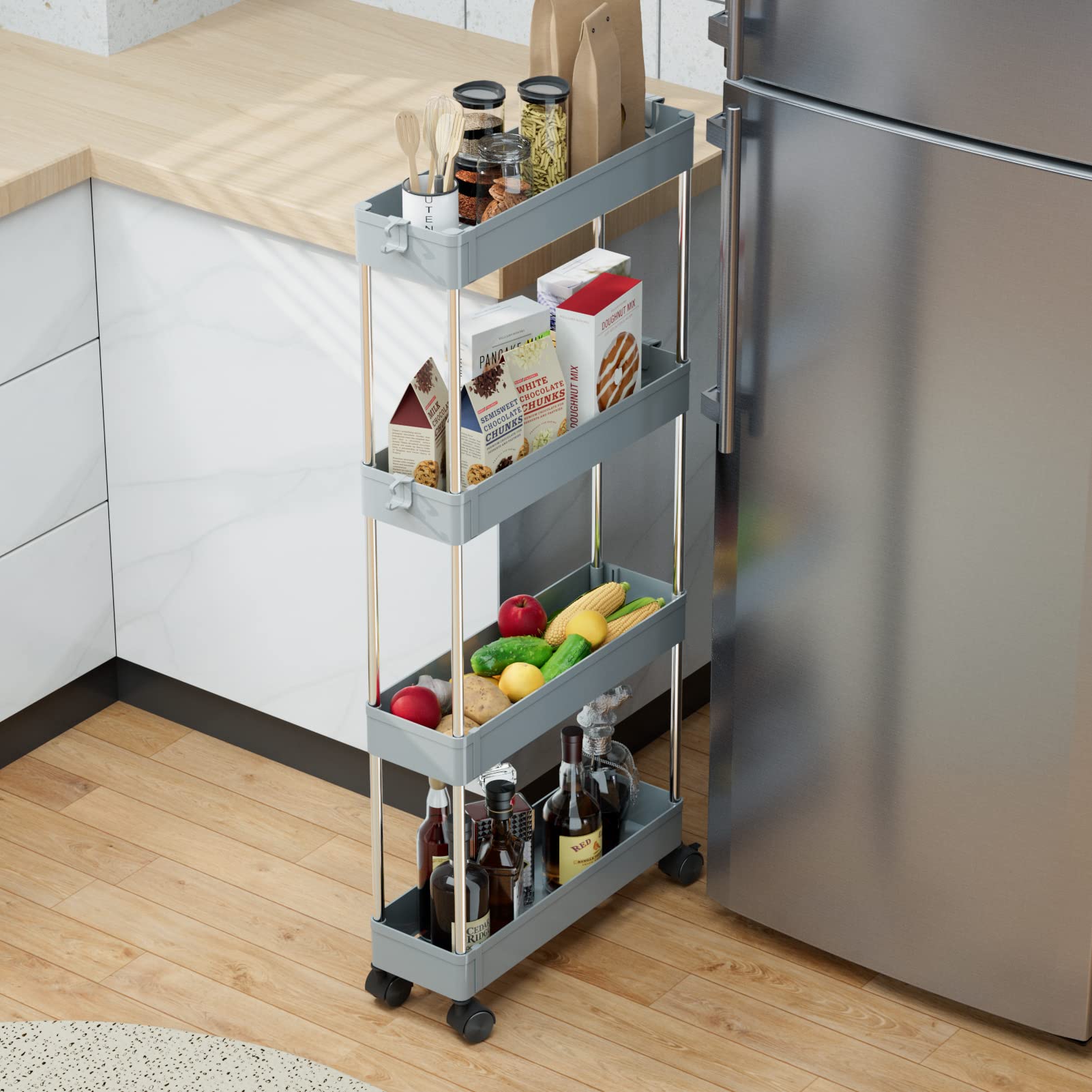 OTK Slim Storage Cart 4 Tier Mobile Shelving Unit Organizer, Utility Rolling Shelf Cart with Wheels for Bathroom Kitchen Bedroom Office Laundry Narrow Places,Grey