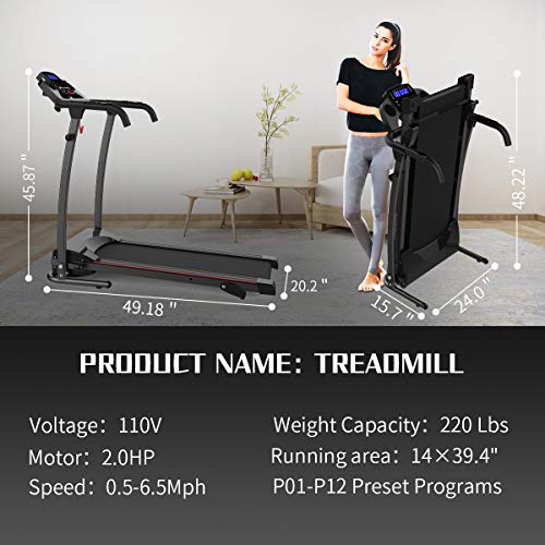 SHAREWIN Folding Treadmills with 3-Level Manual Incline for Home and Office, Fitness Jogging Walking 220 LBS Running Machine with LCD - Mobile Phone Holder - 12 Preset or Adjustable Programs