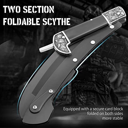 VALHALLA Folding Sickle, Black Sharp Blade with Two Section Foldable Scythe, Wooden Handle Folding Scythe, Folding Sickle Knife, Sheath for easy carrying