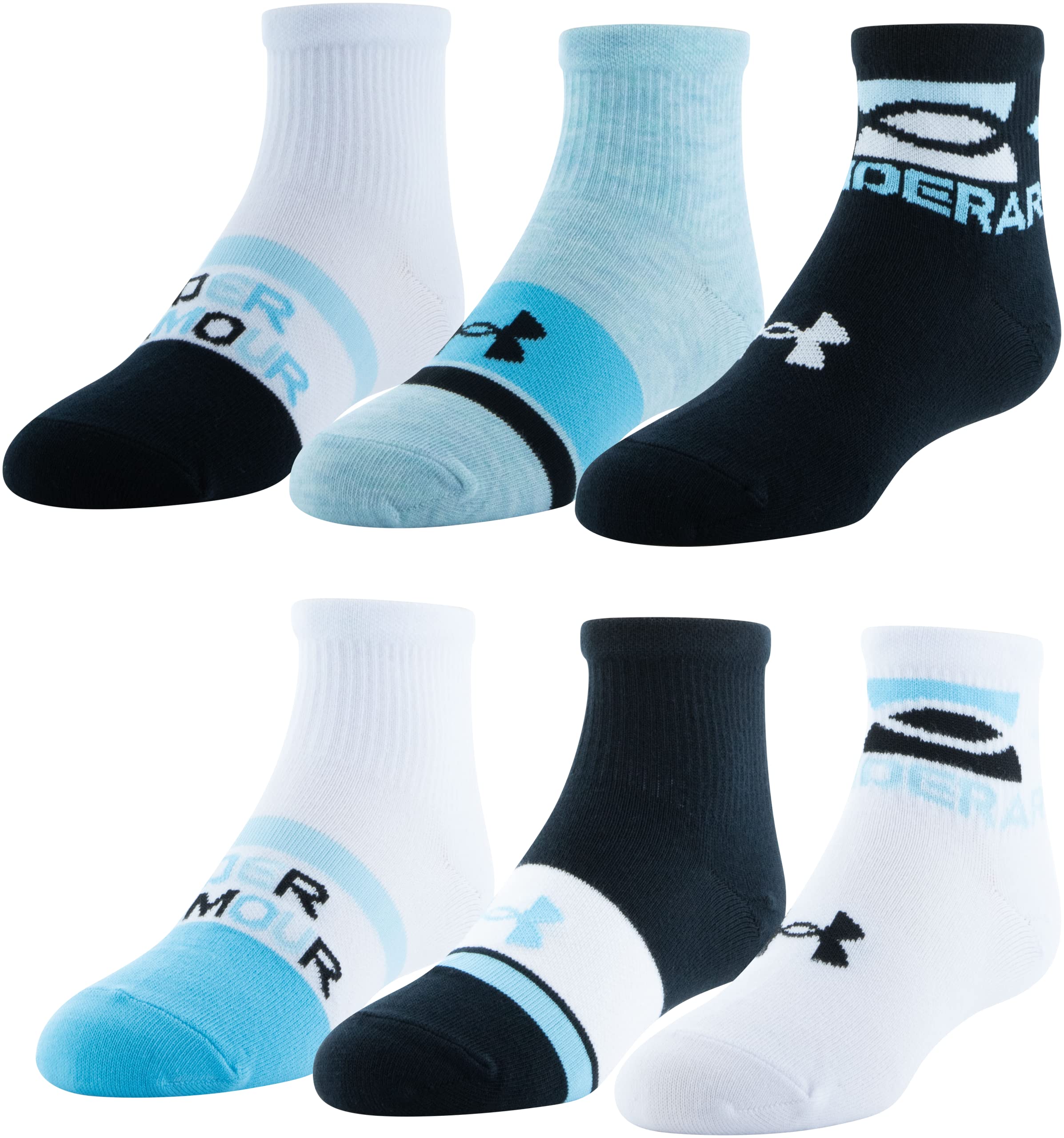 Under Armour Youth Essential Quarter Socks, 6-Pairs, White/Black/Opal Blue, Small