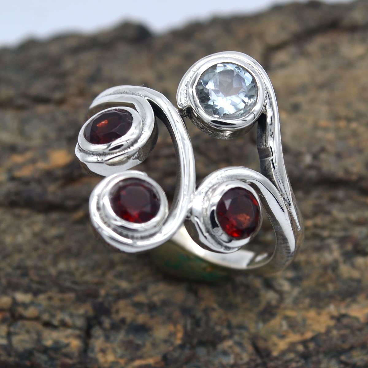 SILVER DESIGN 925 Sterling Silver Ring Solid Round Cut Multi Stone Ring Natural Red Ganet and Blue Topaz (1.87 Cts) Gemstone - 8 Us Size (SD-0128_8)