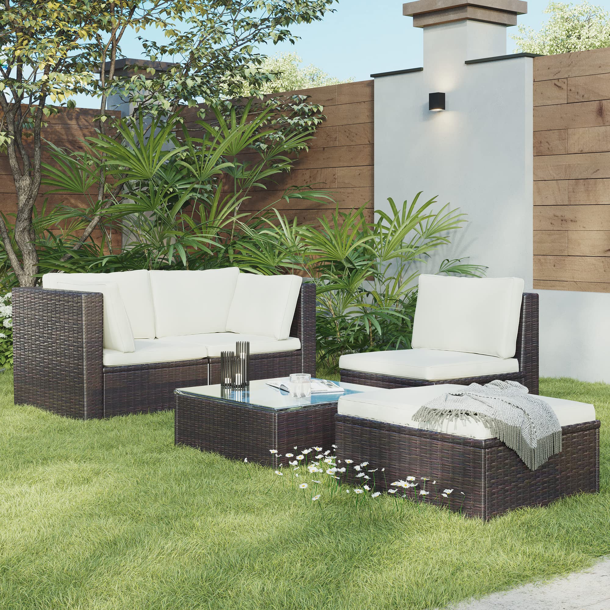 Melidee Outdoor Sectional Sofa - 5 Pieces Patio Furniture Sets, Manual Weaving Wicker Rattan Conversation Sets with Cushion and Glass Table