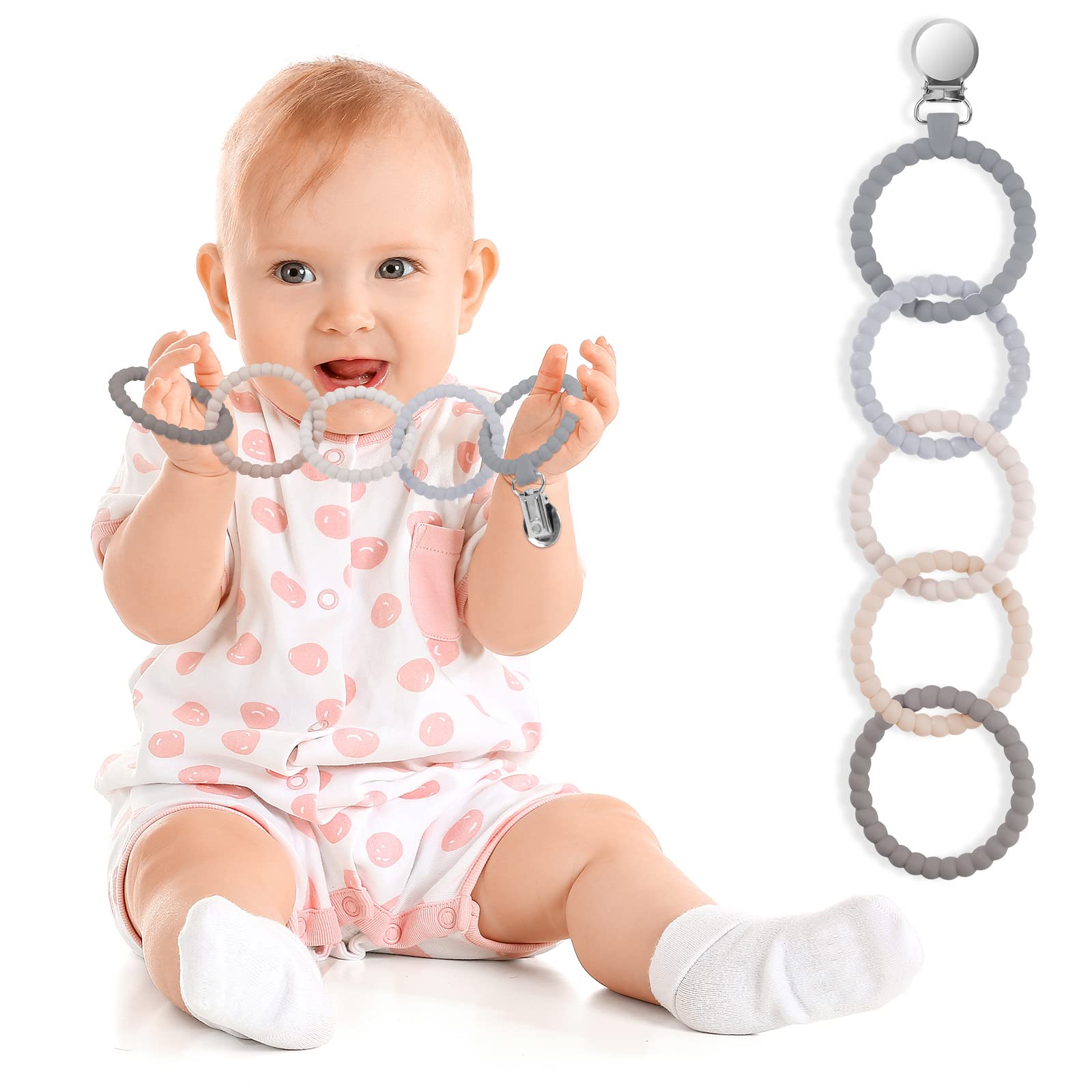 Vicloon Silicone Baby Teether Linking Rings,Silicone Teether Toy for Baby,Baby Toy Rings with Pacifier Clip,Attachable Teether Chew Toy for 3-6 Months,Baby Toy Rings Links for Stroller&Activity