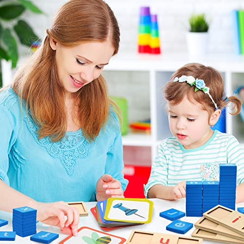 Victostar 121PCS Short Vowel Reading Letters Sorting Spelling Toy Set,Wooden Reading Blocks Learning CVC Sight Words Flashcards Alphabet Montessori Toy Gift for 3 4 5 Years Old