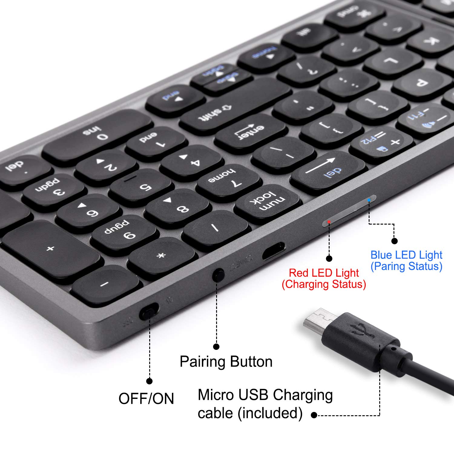 Samsers Foldable Bluetooth Keyboard with Numeric Keypad Full Size Portable Wireless Keyboard with Holder, Rechargeable Pocket Folding Keyboard for iOS Windows Android Phone Tablet Laptop - Dark Grey