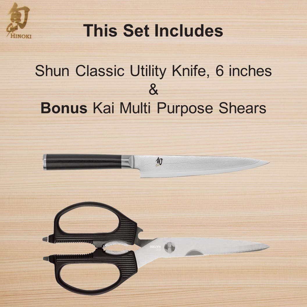 Shun Cutlery Classic Utility Knife 6" and Kai PRO Multi-Purpose Kitchen Shears Set, Handcrafted Japanese Kitchen Knives & Shears