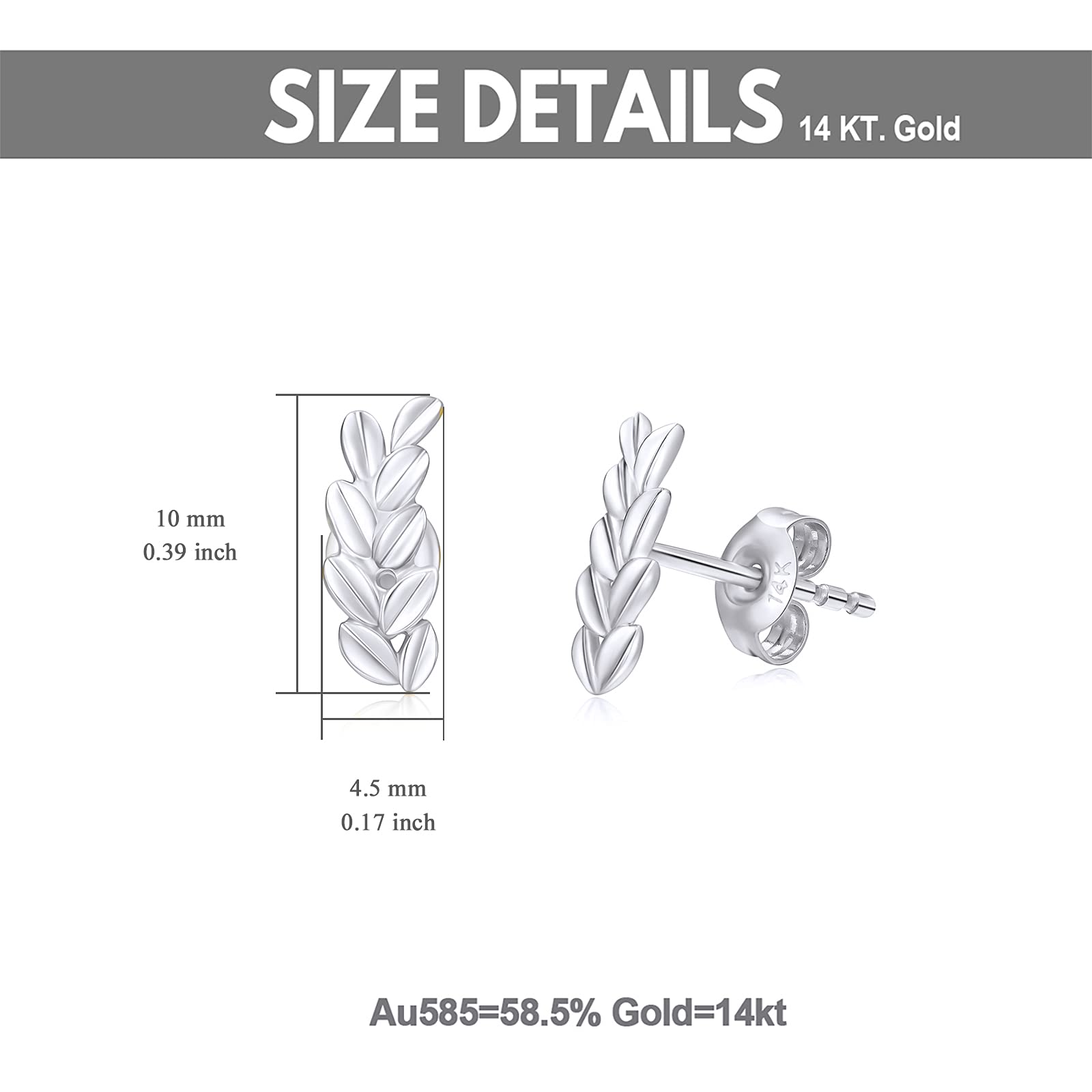 SISGEM 14k White Gold Leaf Earrings for Women, 14 Carat Gold Studs Jewelry Gifts for Her