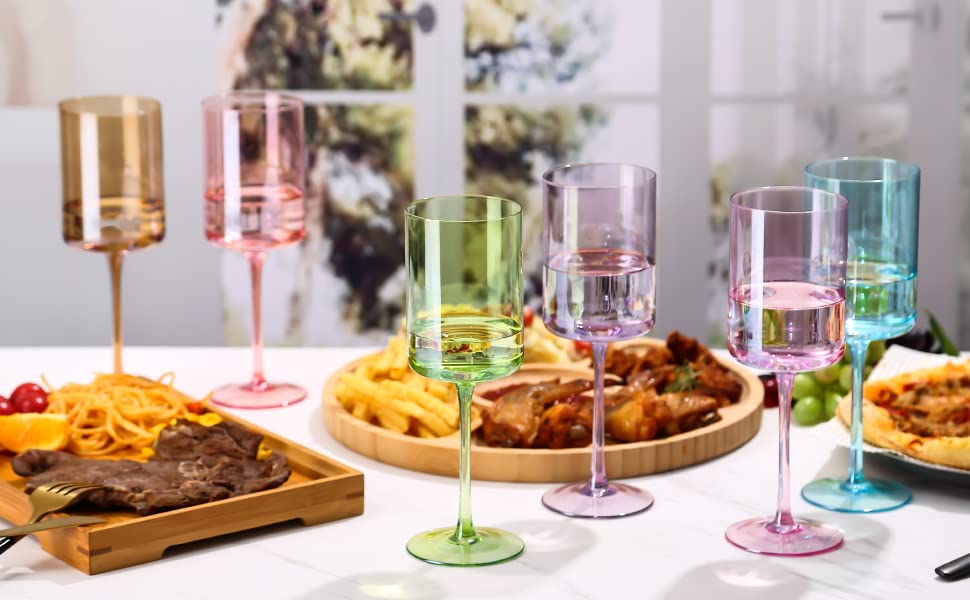 Physkoa Hand Blown Colorful Wine Glasses Set of 6 - Crystal Stemware Glasses with Long Stem, Ideal for Weddings, Engagements, and Parties, 11.5oz