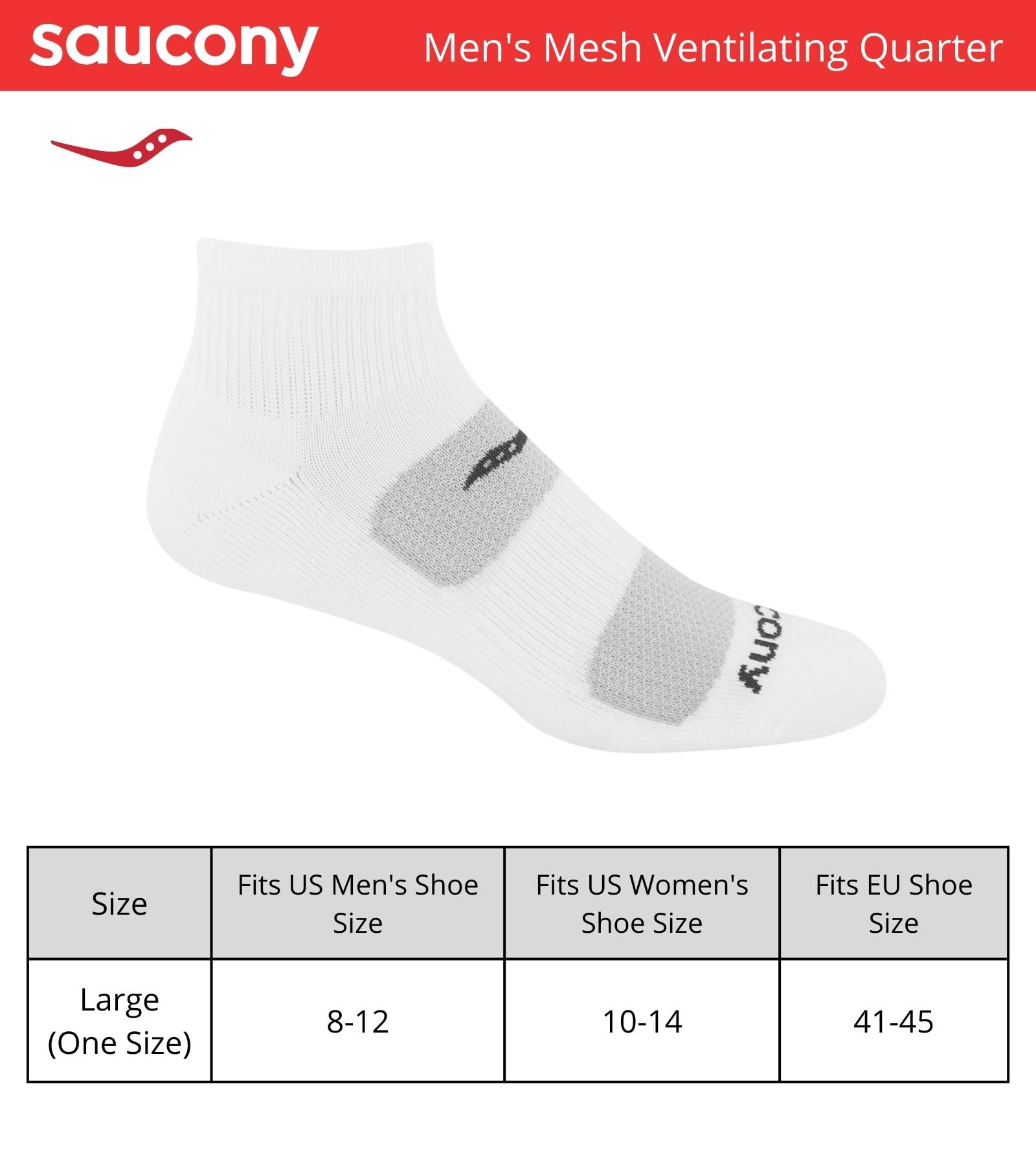 Saucony mens Multi-pack Mesh Ventilating Comfort Fit Performance Quarter (6 & 12 Pairs) Running Socks, White (12 Pairs), Shoe Size 8-12 US