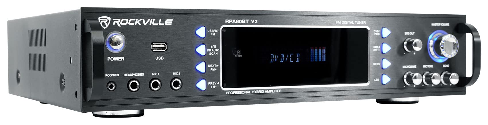 Rockville RPA60BT V2 1000 Watt 2-Ch USB Bluetooth DJ/Pro/Karaoke Amplifier Mixer, Black