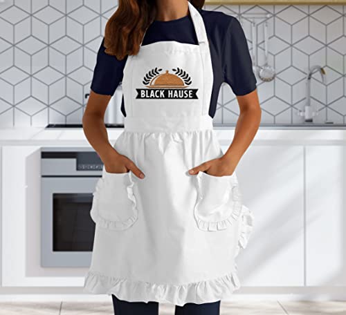 TEEAMORE Custom Embroidered Ruffle Apron Add Your Logo Kitchen Cooking Baking Grilling Maid Costume Women's Apron White