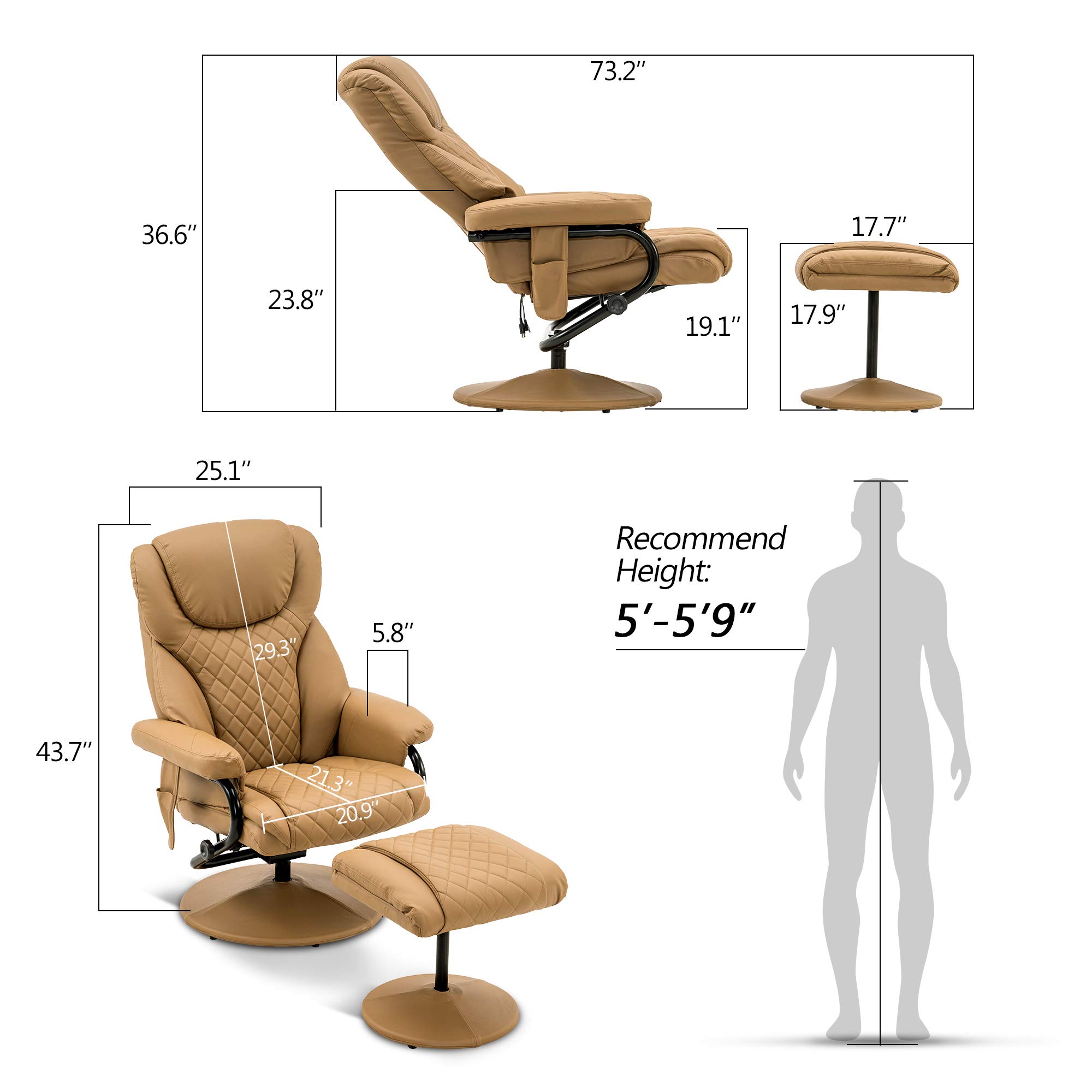 MCombo Recliner with Ottoman, Reclining Chair with Massage, 360 Swivel Living Room Chair Faux Leather, 4901 (Cognac)