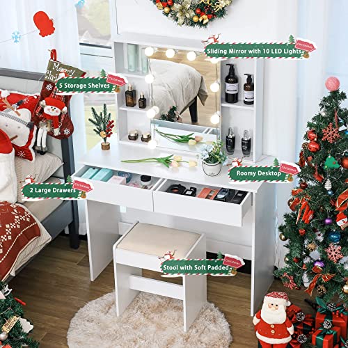 Makeup Vanity Desk with Sliding Lighted Mirror for Christmas Day, Makeup Table Vanity Desk with 2 Large Drawers, 3 Color Lighting Modes, Brightness Adjustable, Vanity Table for Women Girls, White