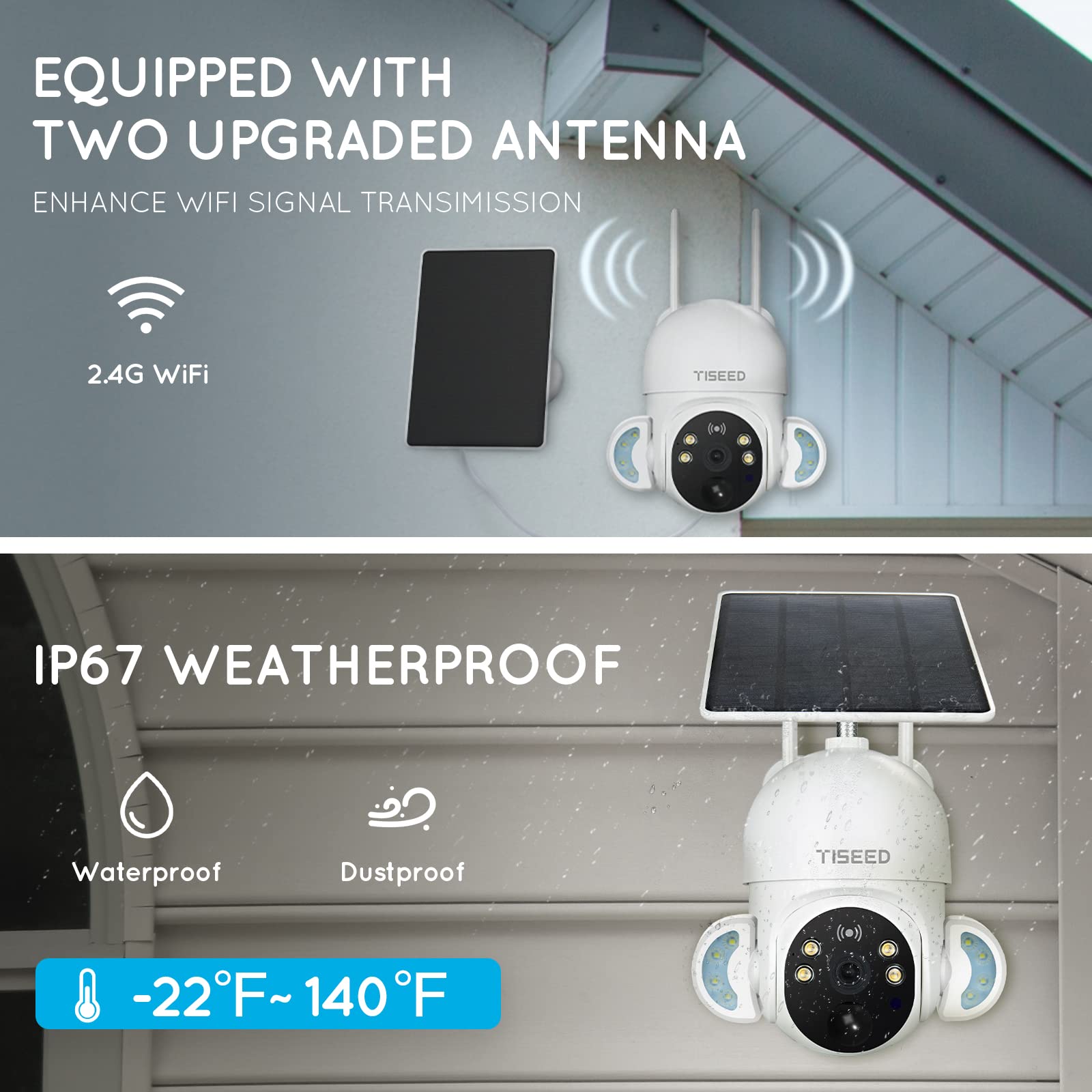 TISEED Security Cameras Wireless Outdoor, Solar Security Camera 360°-View, PTZ Wireless Outdoor Camera 2.4G WiFi PIR Motion Detection, Floodlight Outdoor Camera 10400mAh Color Night Vision Waterproof