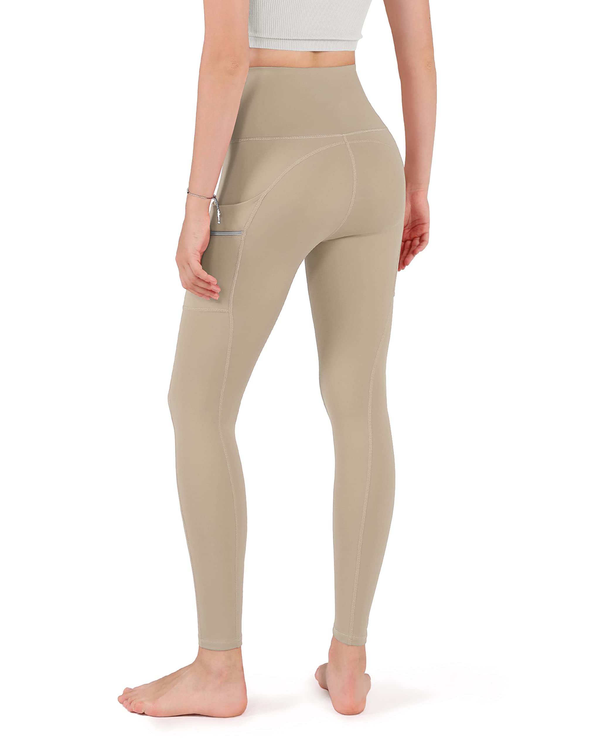 ODODOS Women's High Waisted Full-Length Dual Pockets Workout Leggings, Yoga Running Gym Athletic Leggings, Dark Beige, X-Large