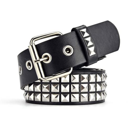 Punk Leather Belt,Studded Belt Square Beads Rivet Belt Metal Pyramid Belt for Jeans (Sliver)