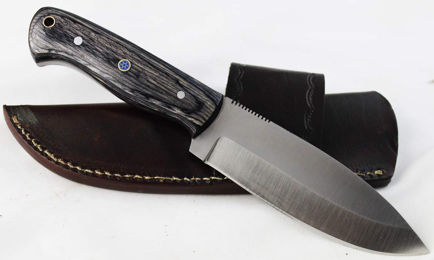 Moorhaus Full Tang Bushcraft Knife - Black & Blue Wood Handle - Handmade Good for Camping/Hunting/Skinning - Fixed Blade Knife Includes Leather Sheath